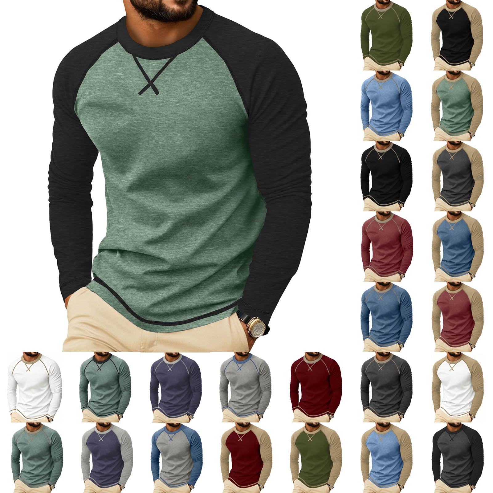 BiZtdJrK Mens Long Sleeve Shirts Classic Crewneck Color Blocked Tops ...