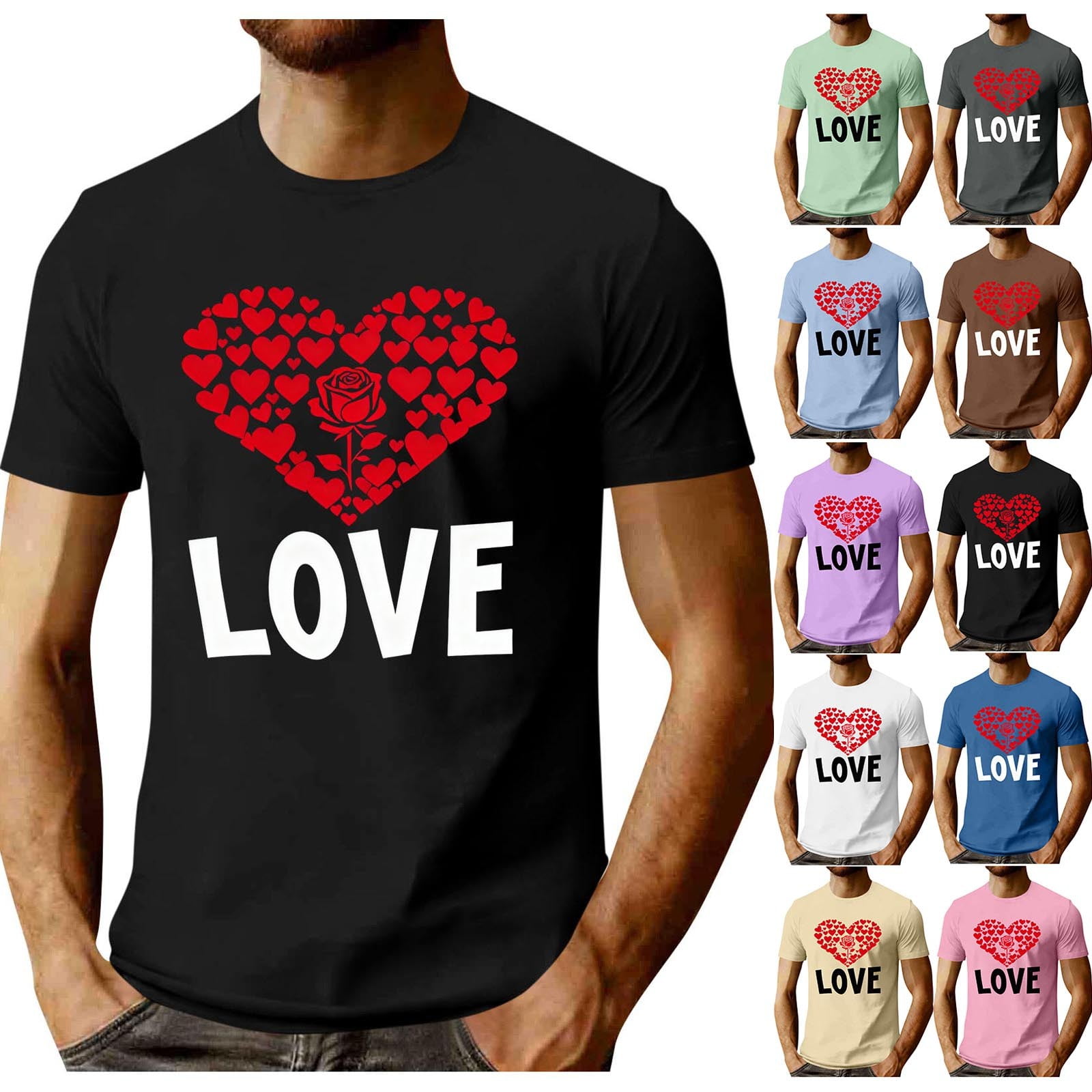 BiZtdJrK Mens Love Heart Print T Shirts Round Neck Short Sleeve ...