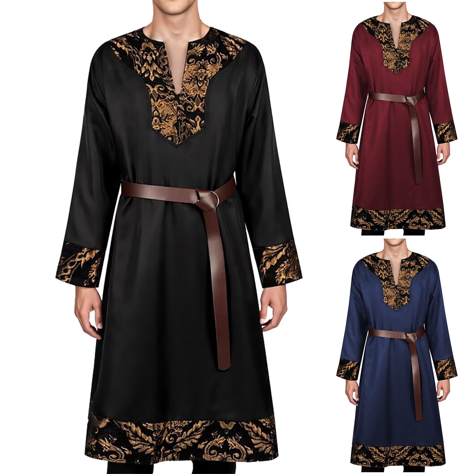 BiZtdJrK Mens Medieval Pirate Robe Vintage Embroidery Long Sleeve V ...
