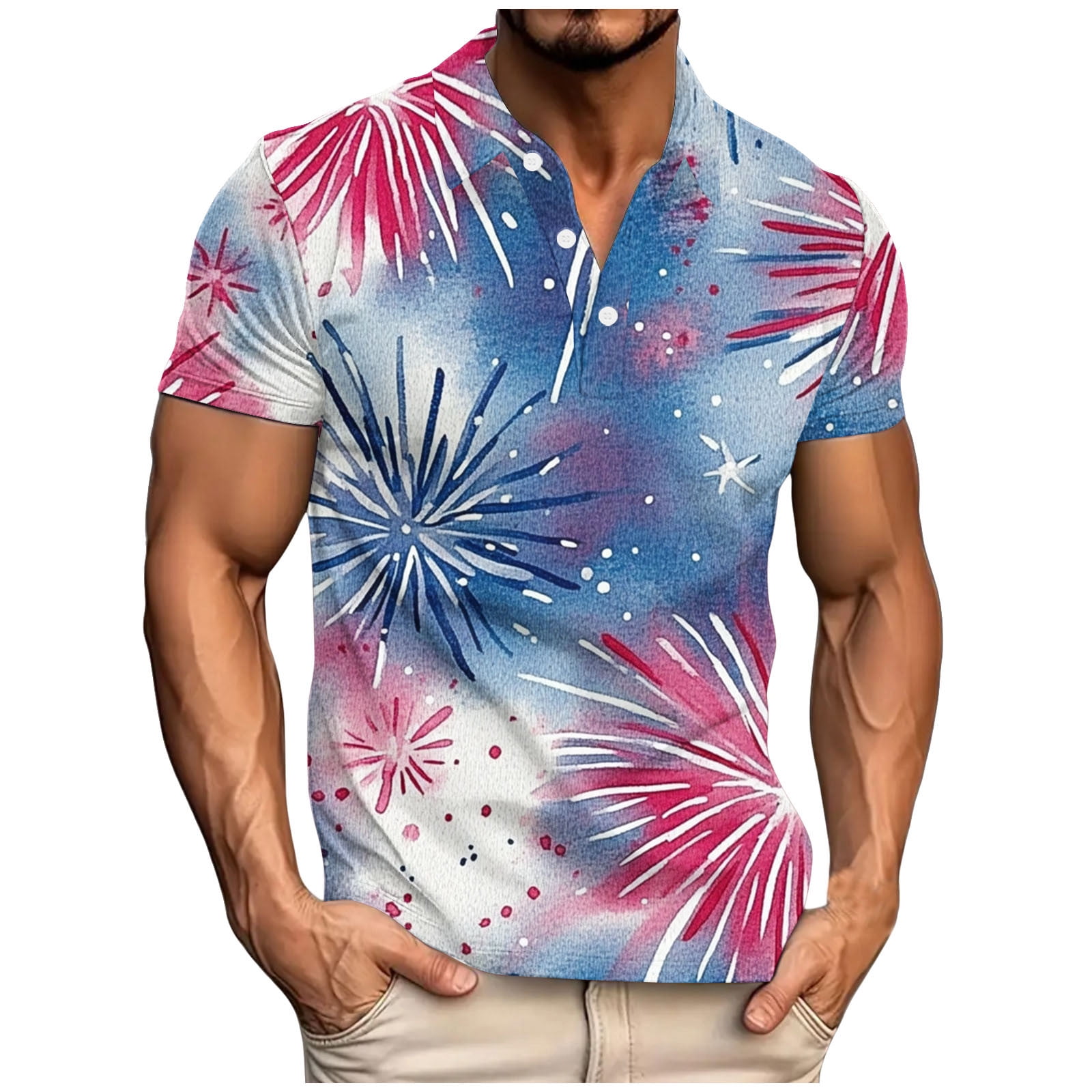 BiZtdJrK Mens Patriotic T Shirts Firework Print Lapel Neck Short Sleeve ...