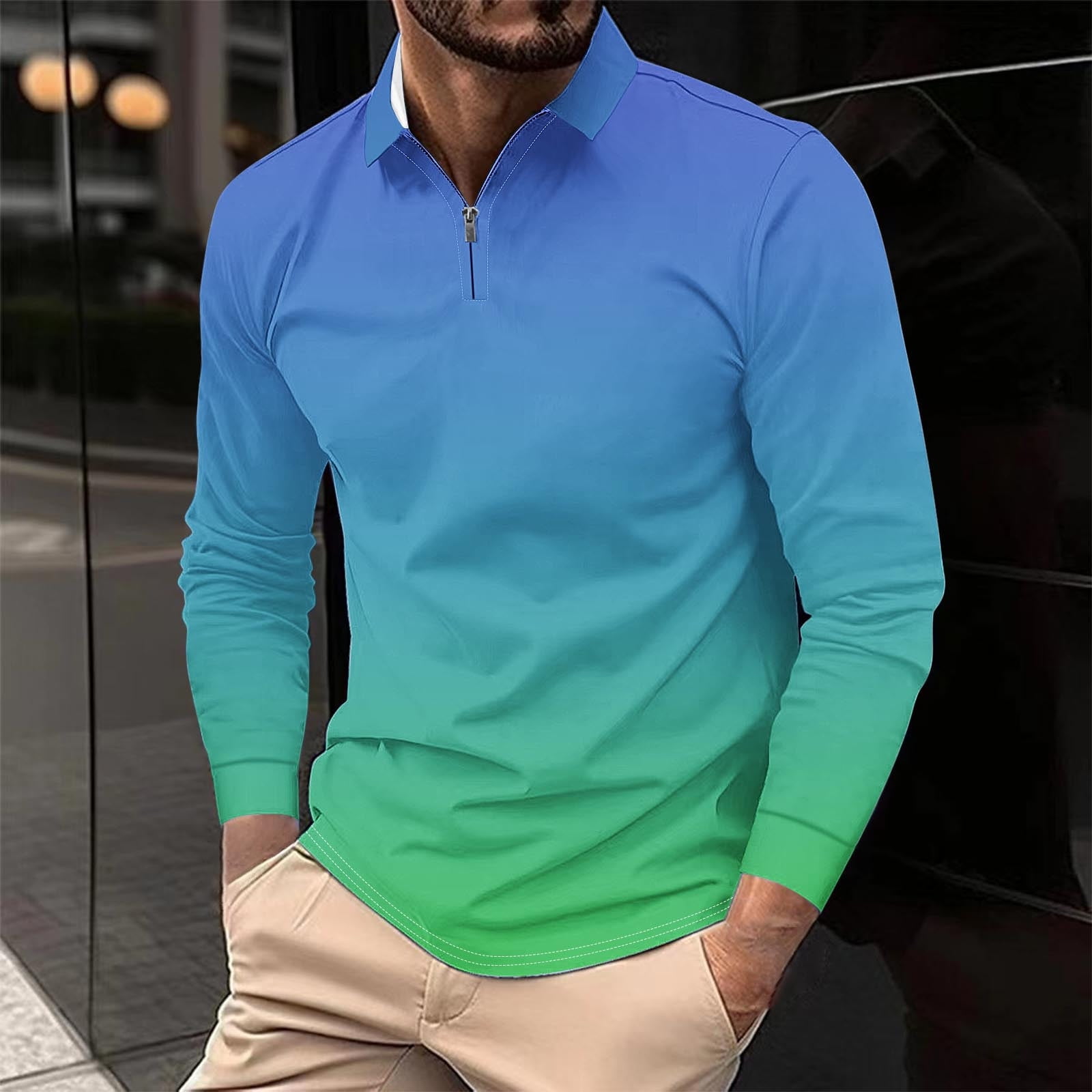 BiZtdJrK Mens Quarter Zip Polos Shirt Gradient Print Long Sleeve ...