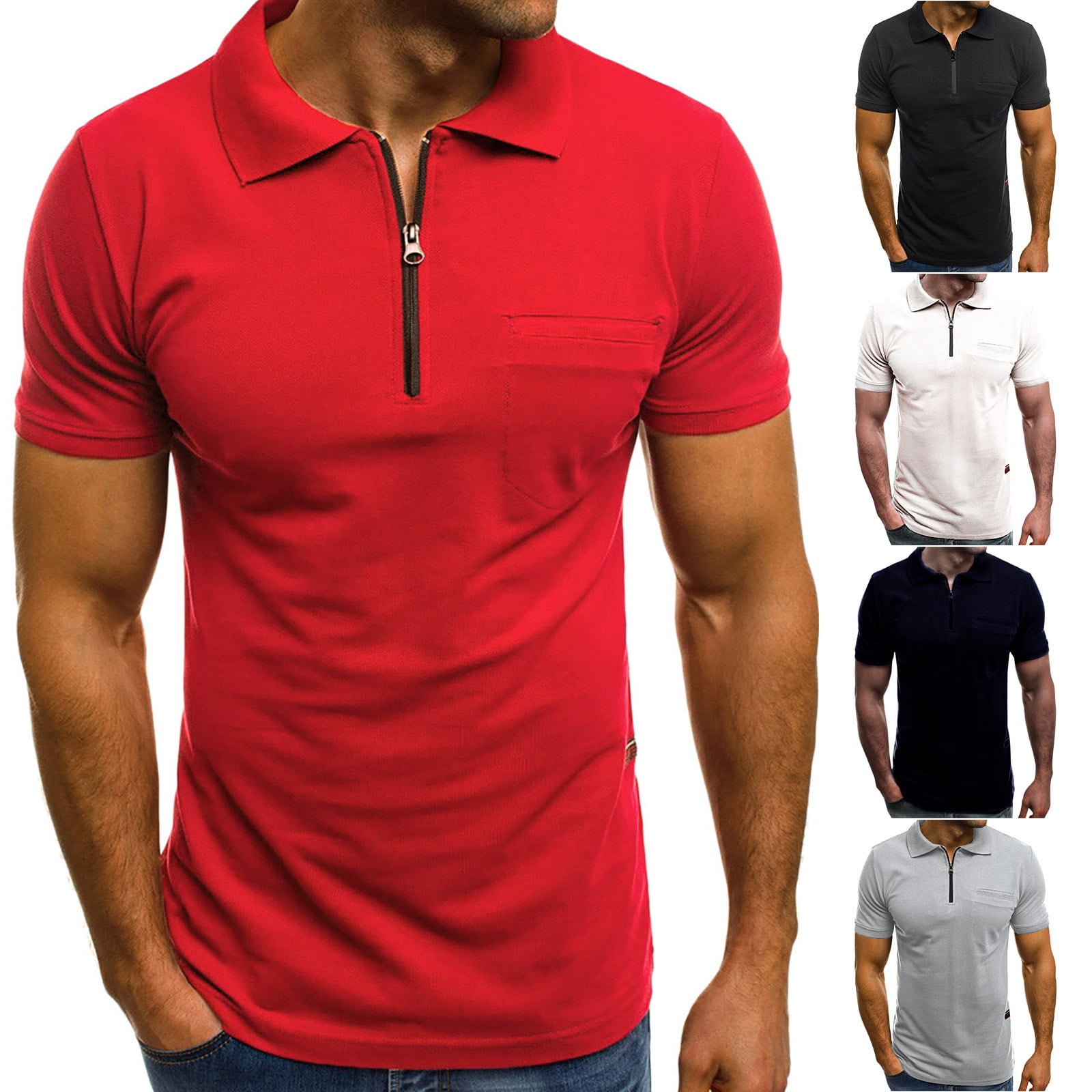 BiZtdJrK Mens Quarter Zip Polo Shirts Basic Solid Casual Business Polo ...