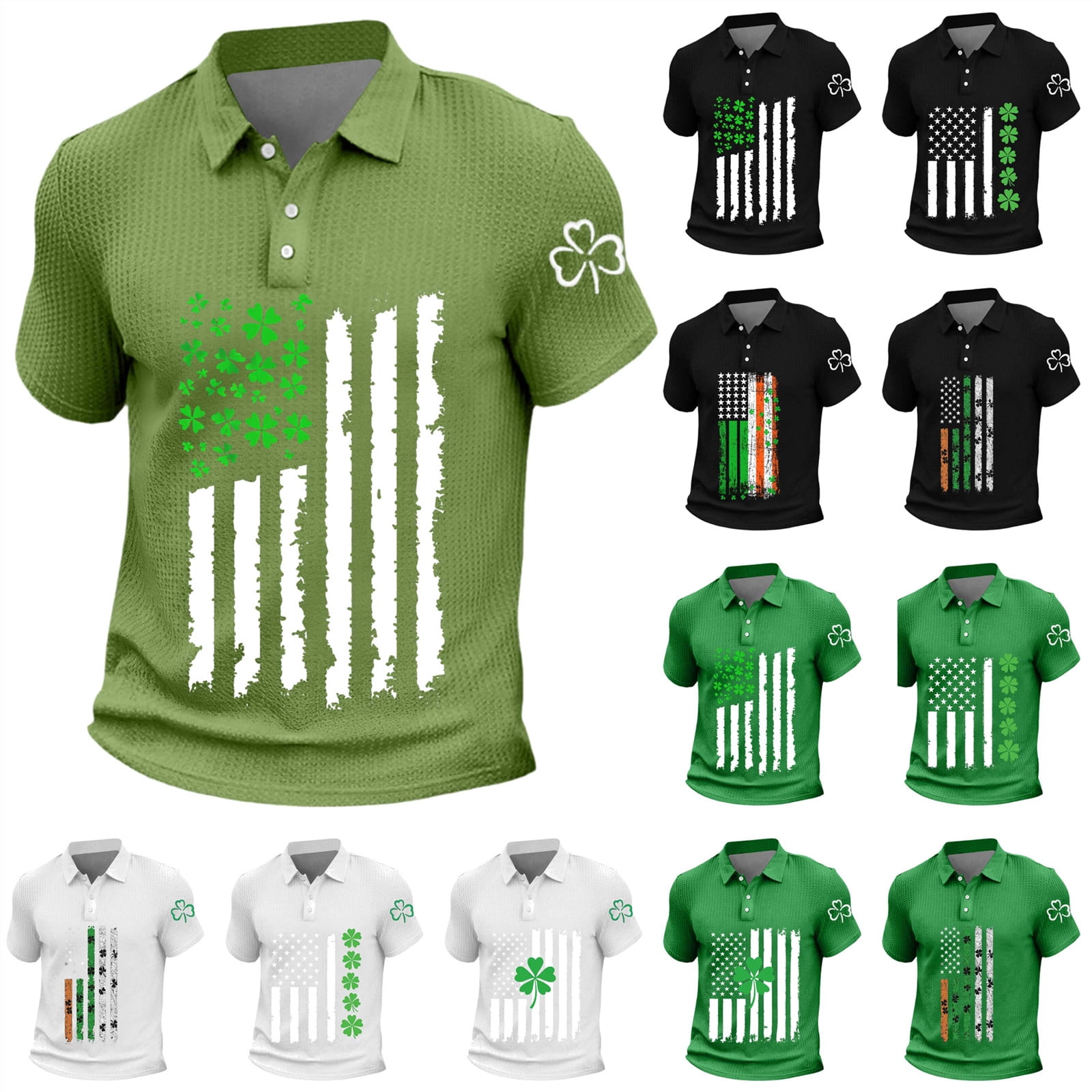 BiZtdJrK Mens St Patricks Day Shirt Shamrock Irish Printed Waffle Knit ...