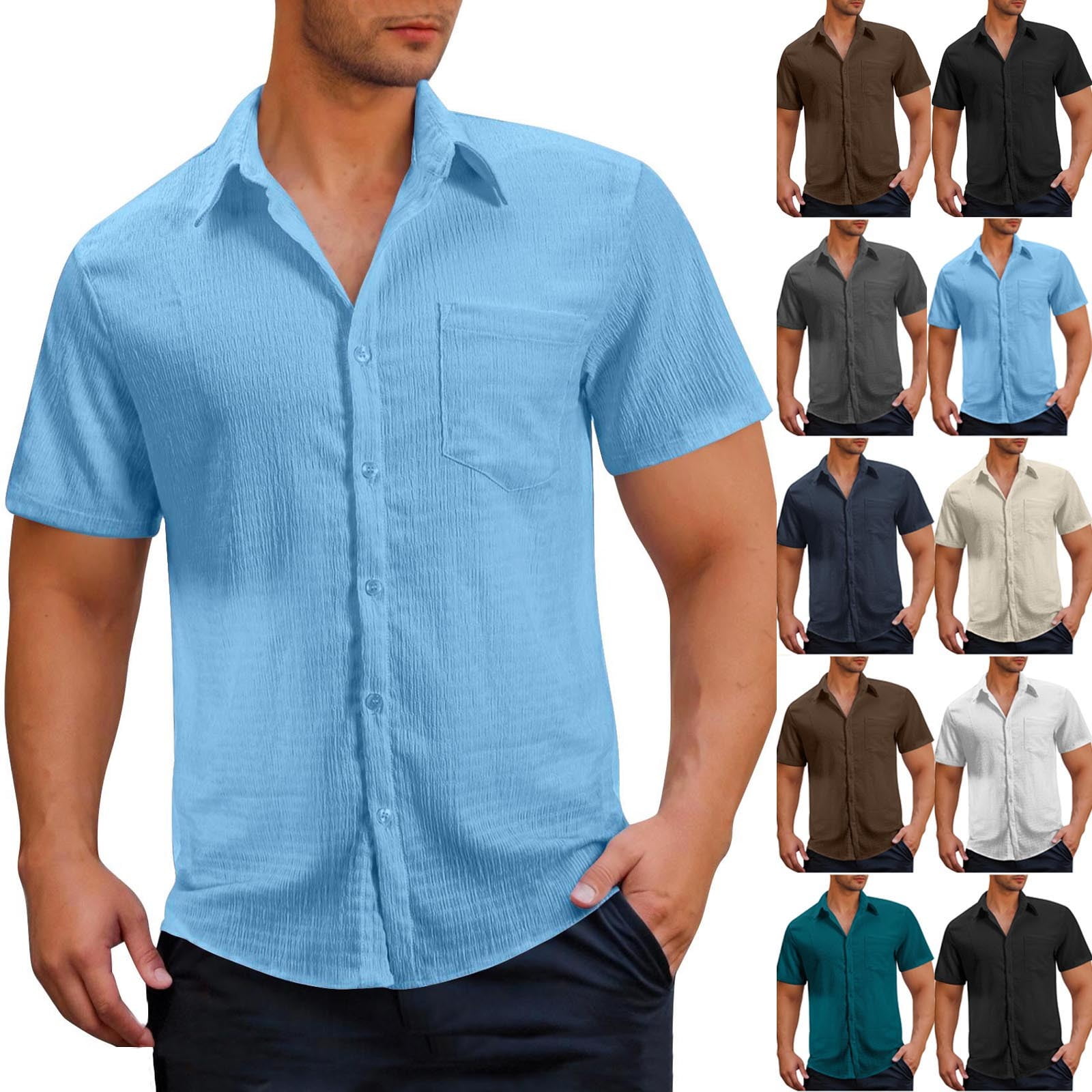BiZtdJrK Mens Summer Textured T-Shirts Button Down Short Sleeve ...
