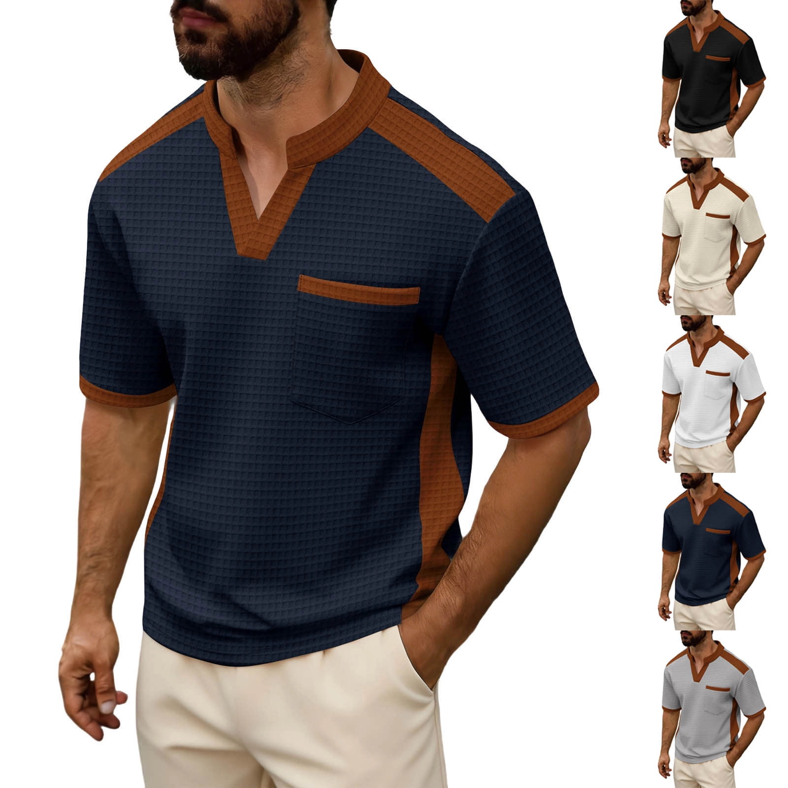 BiZtdJrK Mens V Neck T Shirts with Pocket Waffle Knit Colorblock Short ...