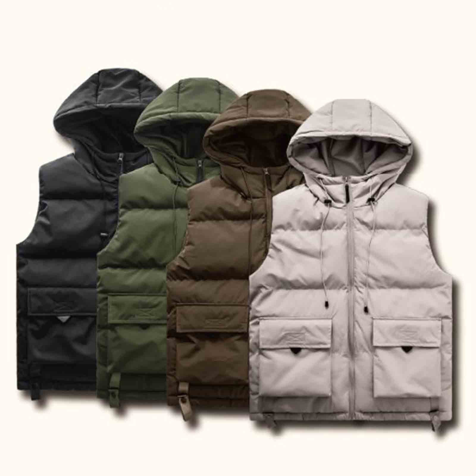 BiZtdJrK Mens Winter Puffer Vest with Hood Drawstring Sleeveless Zipper ...