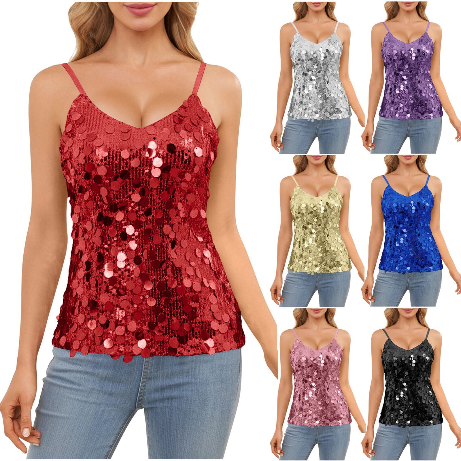 BiZtdJrK Navy Womens Fashion Party Tank Tops Sequin Sparkly V Neck ...