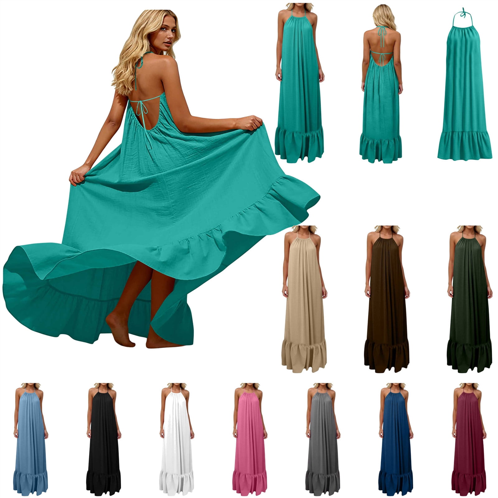 BiZtdJrK Open Back Spaghetti Strap Beach Maxi Dress for Women Summer ...