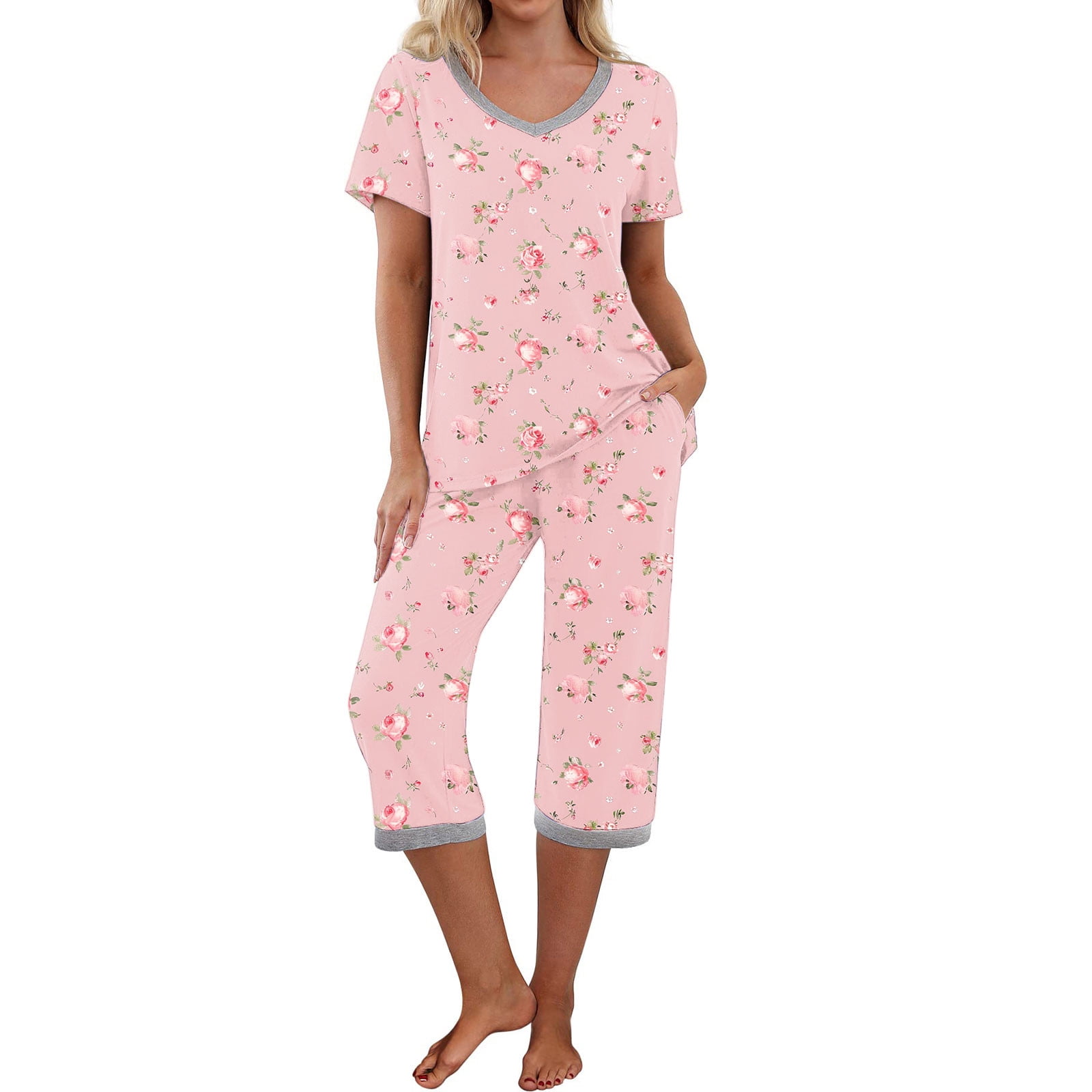 BiZtdJrK Pajama Sets for Women Floral Print Summer Sleep 2 Piece ...