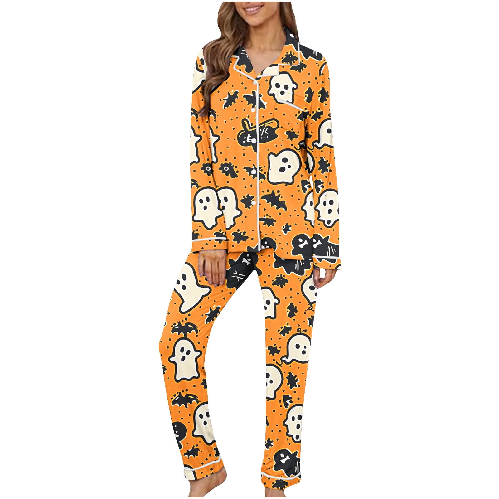 BiZtdJrK Pajamas Set for Women Ghost Print Long Sleeve Button Shirts ...
