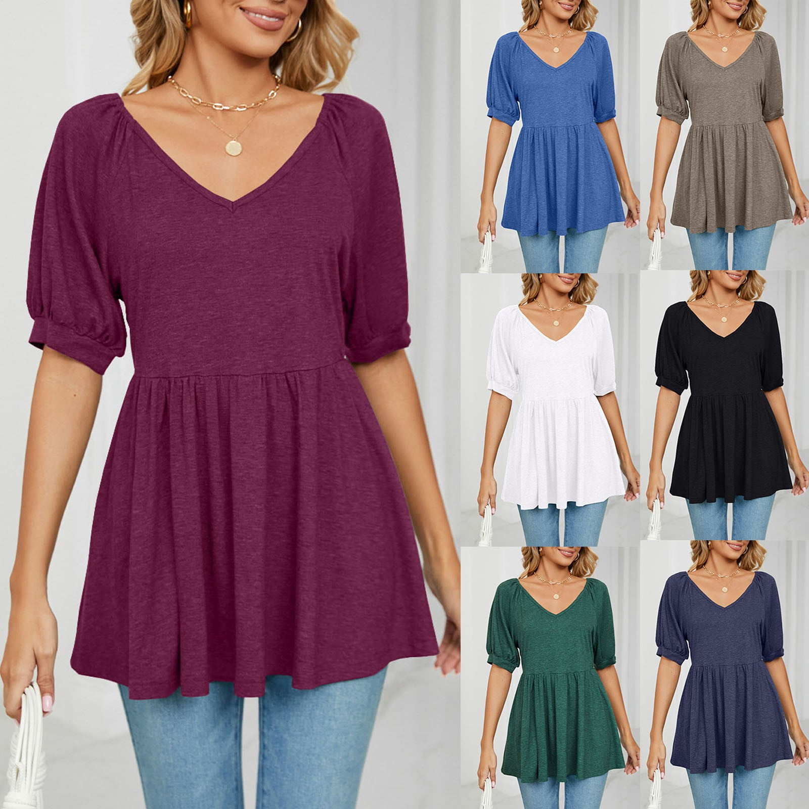 BiZtdJrK Peplum Tops for Women V Neck Short Sleeve Dressy Casual T ...