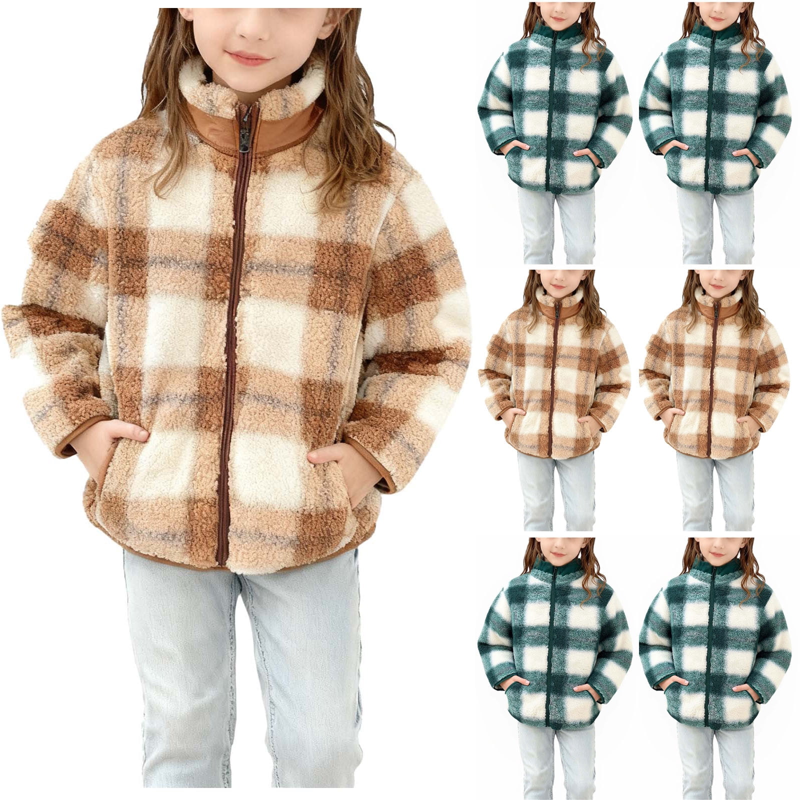 BiZtdJrK Plaid Coat for Girl Polar Fleece Stand Collar Long Sleeve ...