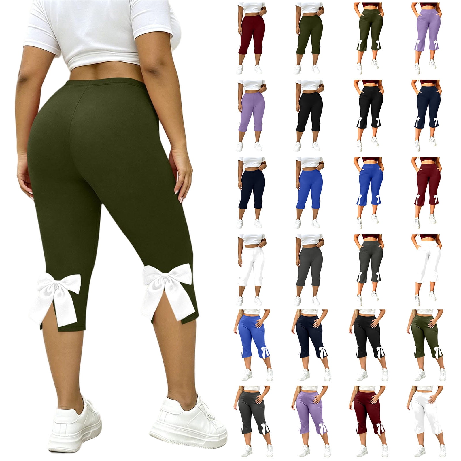 BiZtdJrK Plus Size Capri Leggings for Curvy Women Bowknot Split Back ...