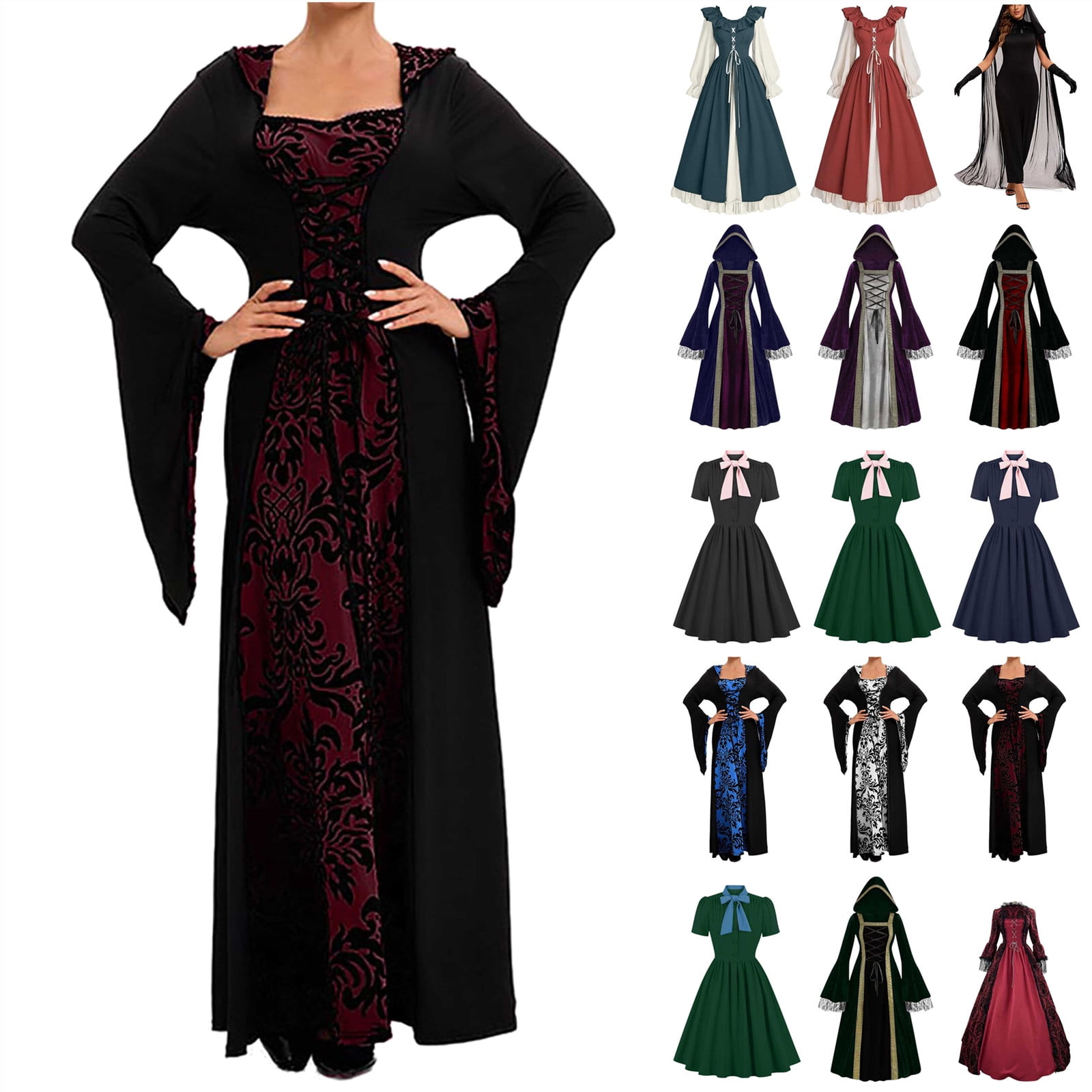 BiZtdJrK Plus Size Medieval Dress for Women Hooded Trumpet Sleeve ...