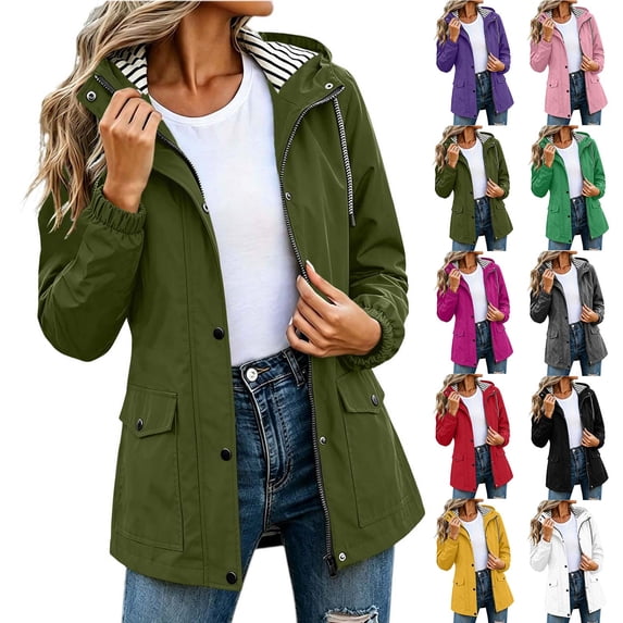 BiZtdJrK Rain Jacket Women Drawstring Striped Lined Hooded Lightweight ...