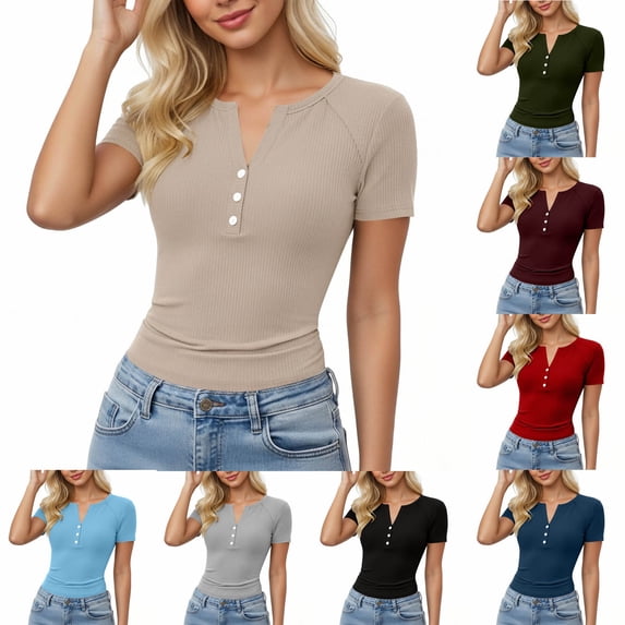 BiZtdJrK Red Cropped Tops for Women Ribbed Knit Button Up V Neck Short ...