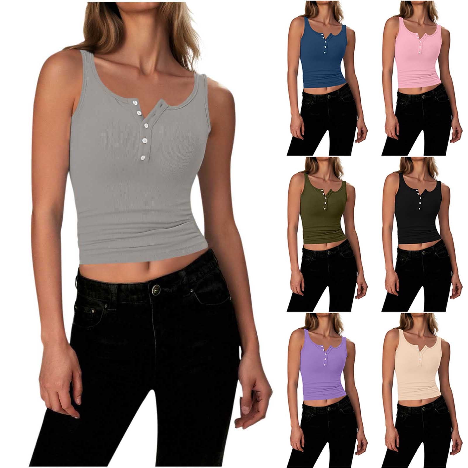 BiZtdJrK Ribbed Tank Tops for Women Button Up Crew Neck Sleeveless Yoga ...