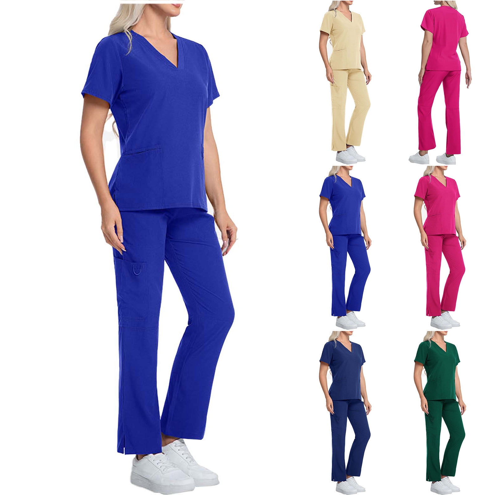 BiZtdJrK Scrubs Set for Women Solid Color Casual V Neck Short Scrub ...