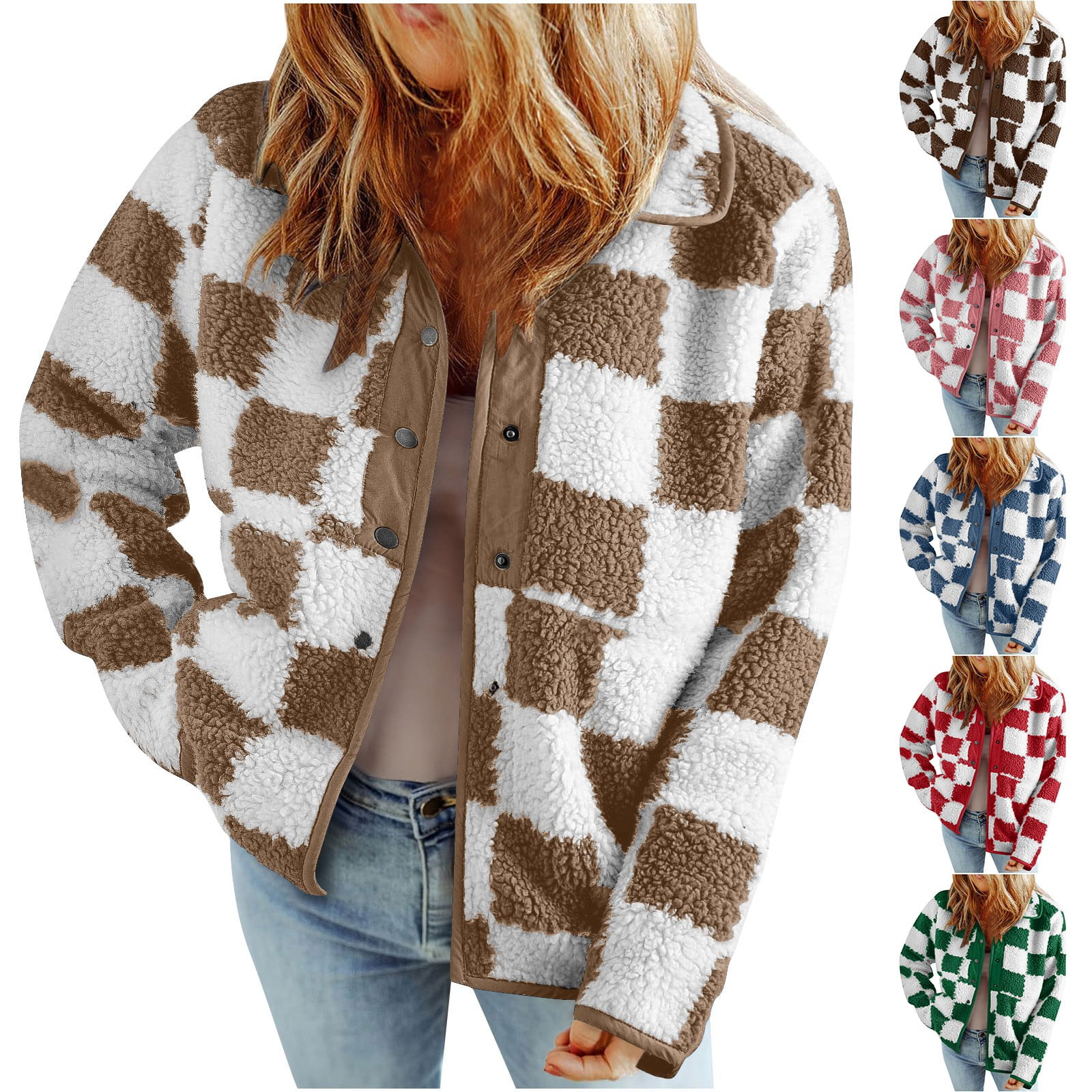 BiZtdJrK Sherpa Fleece Jackets Women Plaid Long Sleeve Crop Jacket ...