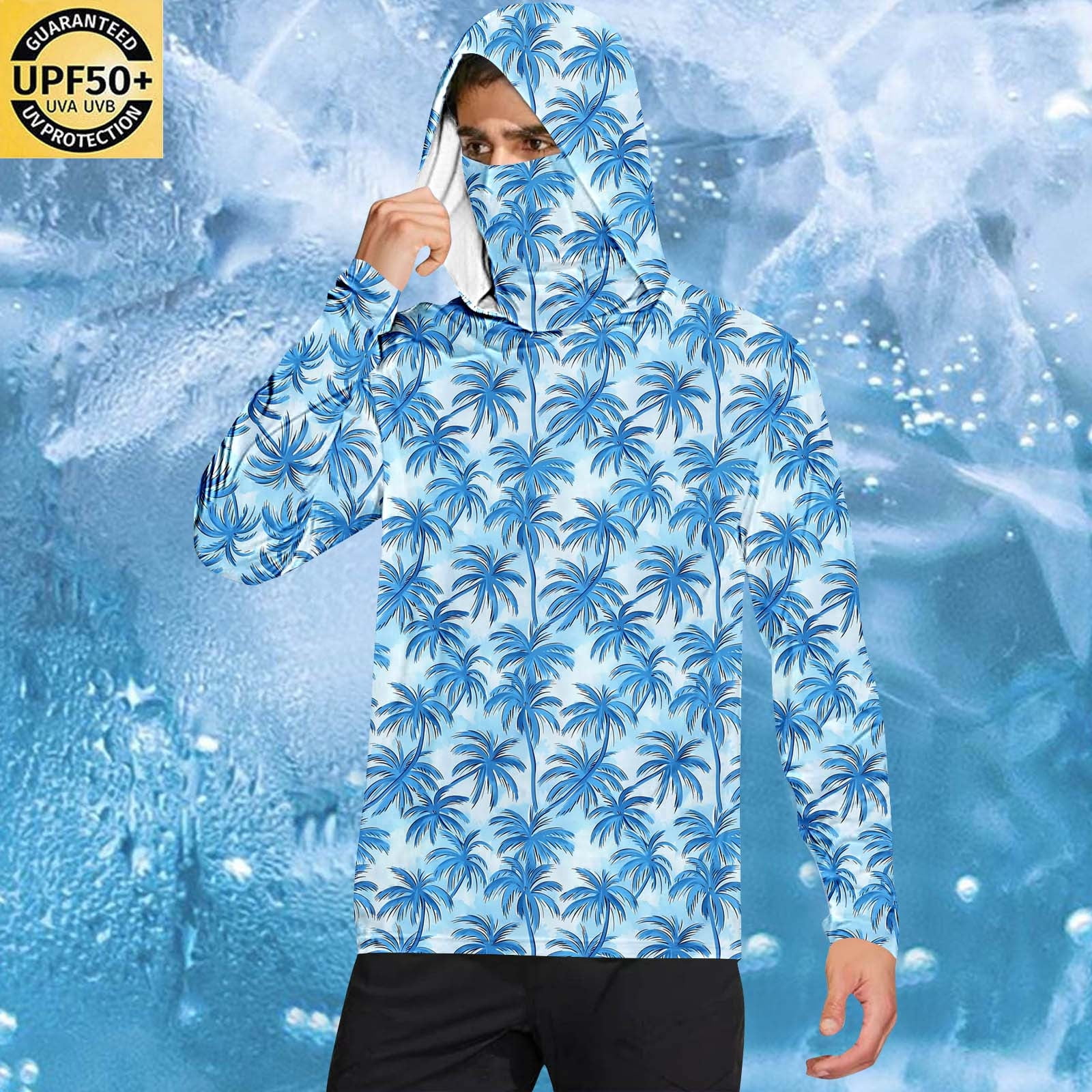 BiZtdJrK Sky Blue Men Hooded Swim Shirts Palm Tree Printed Long Sleeve ...