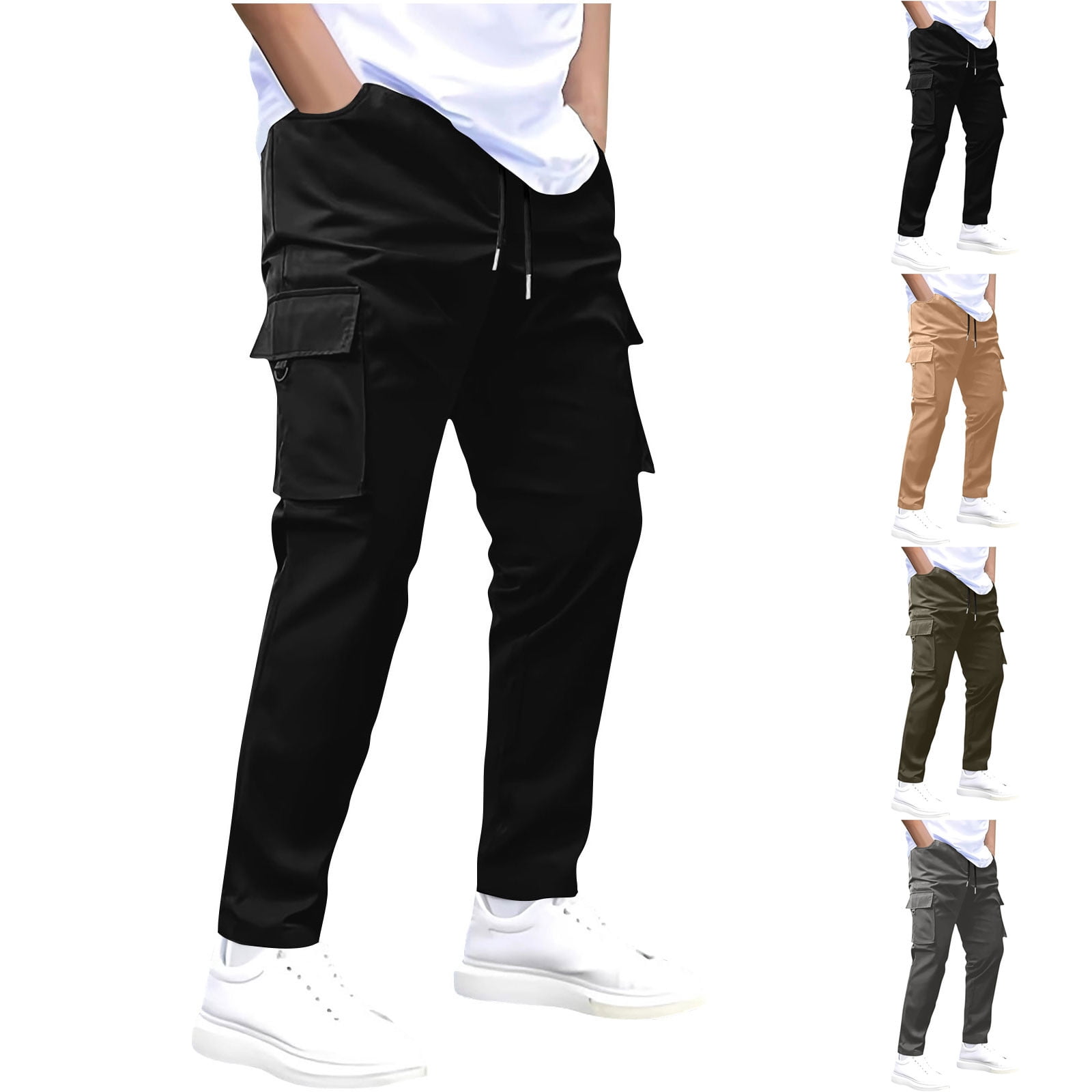 BiZtdJrK Slim Fit Casual Pants for Men Drawstring Waist Solid Straight ...