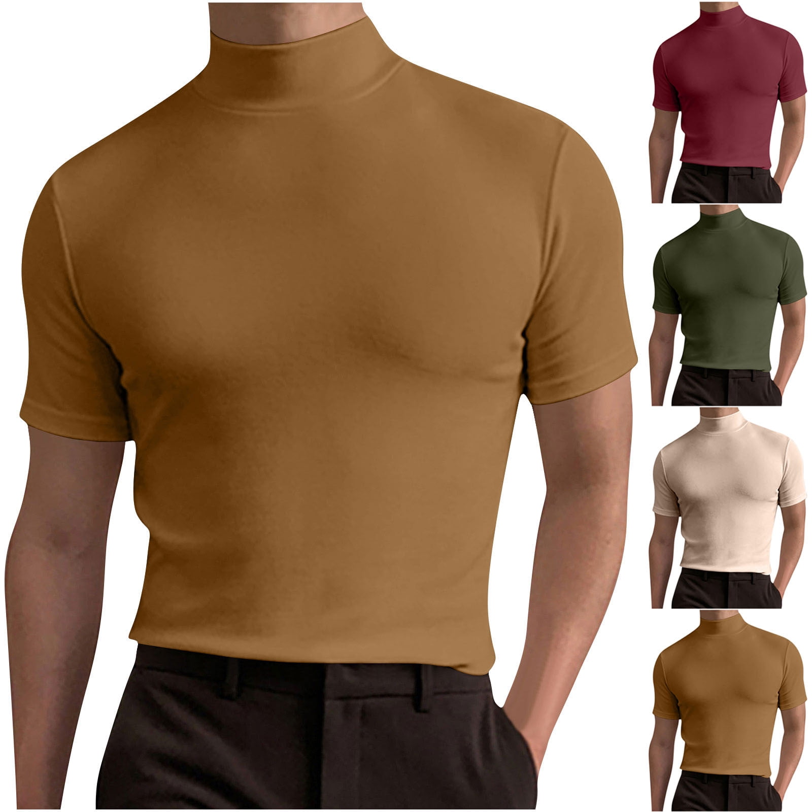BiZtdJrK Slim Fit T Shirts for Men Mock Neck Short Sleeve Fashion T Shirt High Collar Stylish ...