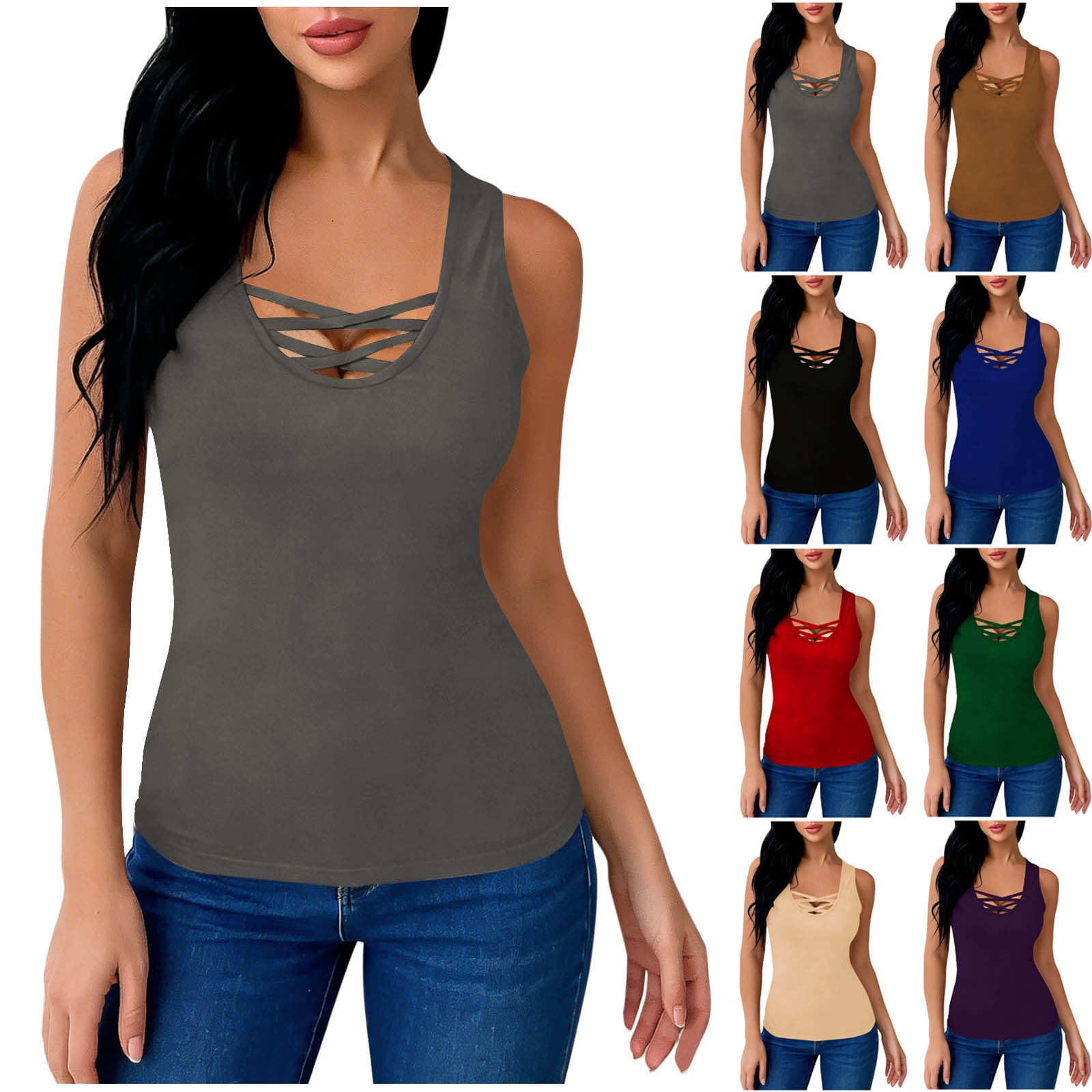 BiZtdJrK Slim Fit Tank Tops for Women Criss Cross V Neck Sleeveless Gym ...