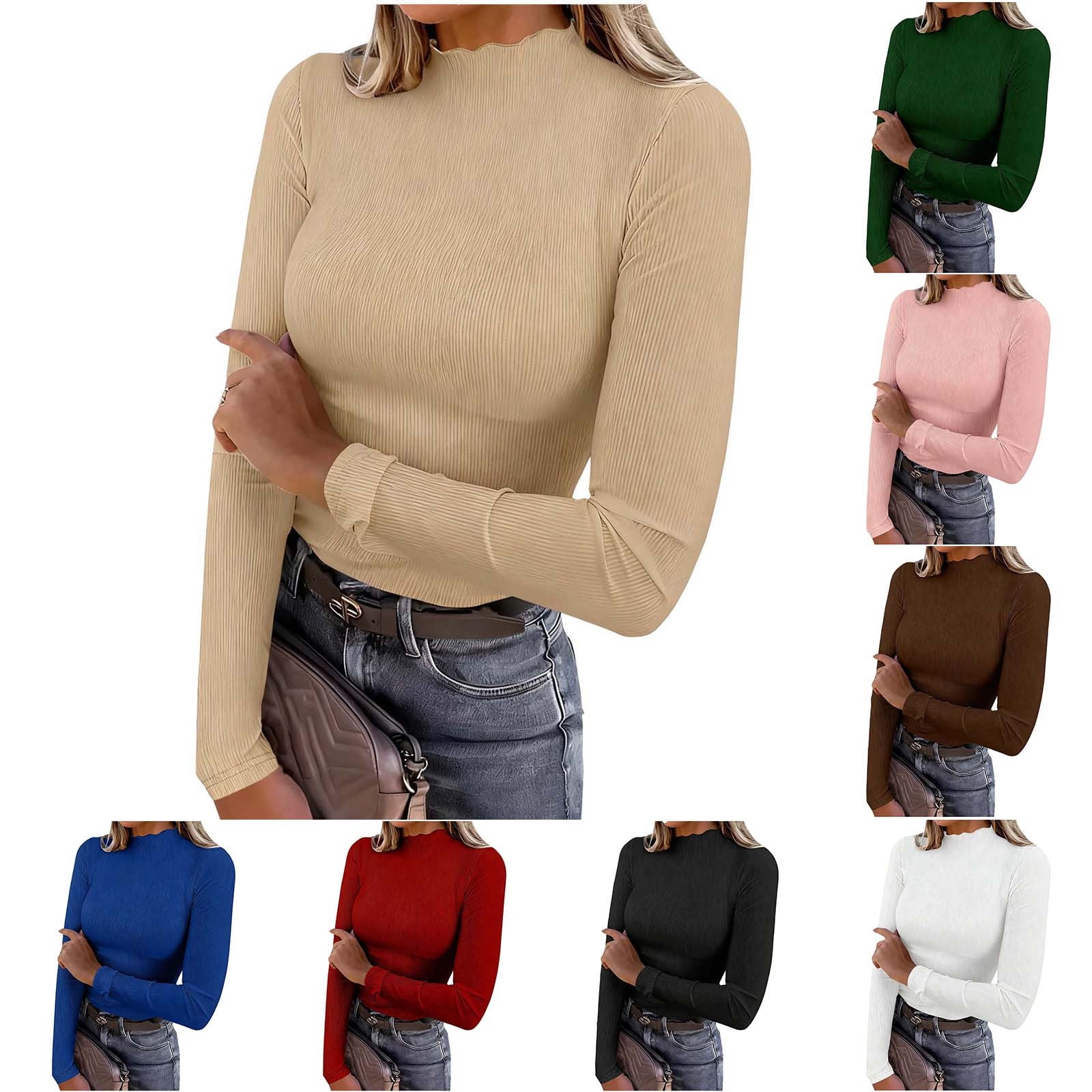 BiZtdJrK Slim Fit Tops for Women Lettuce Trim Mock Neck Ribbed Knit ...