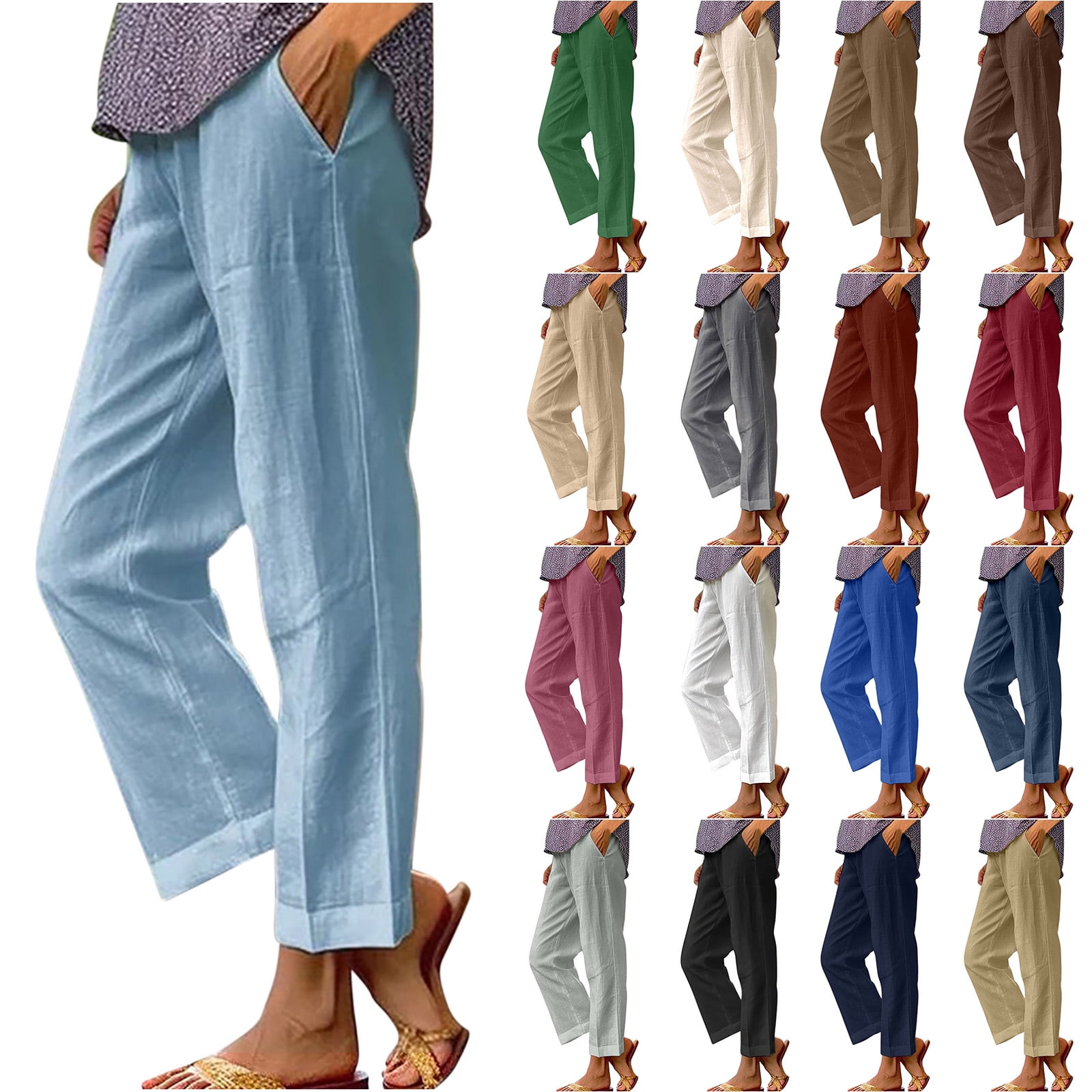 BiZtdJrK Soild Cotton Linen Pants for Women Elastic High Waisted ...