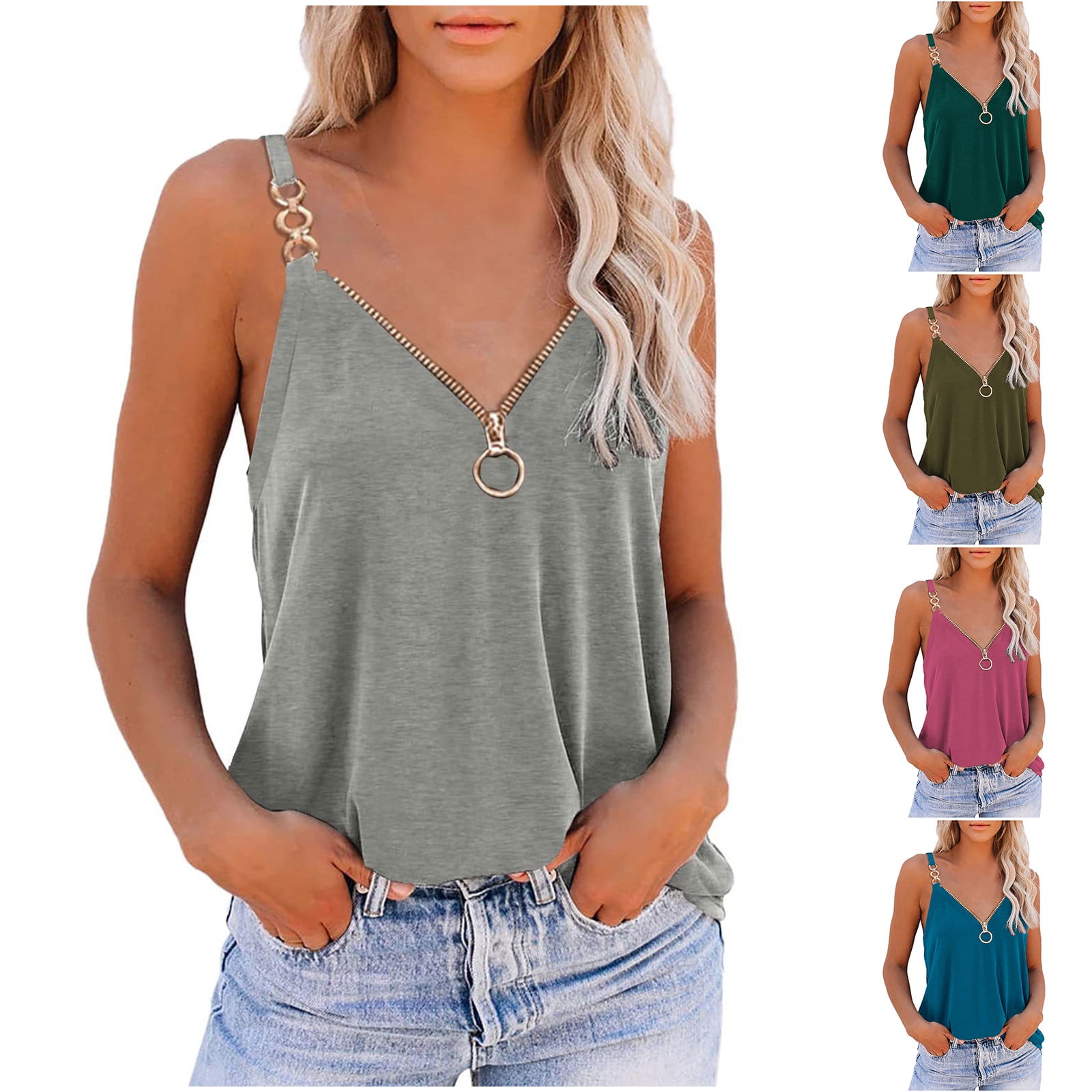 BiZtdJrK Spaghetti Strap Tanks Tops for Women V Neck Zipper Basic ...