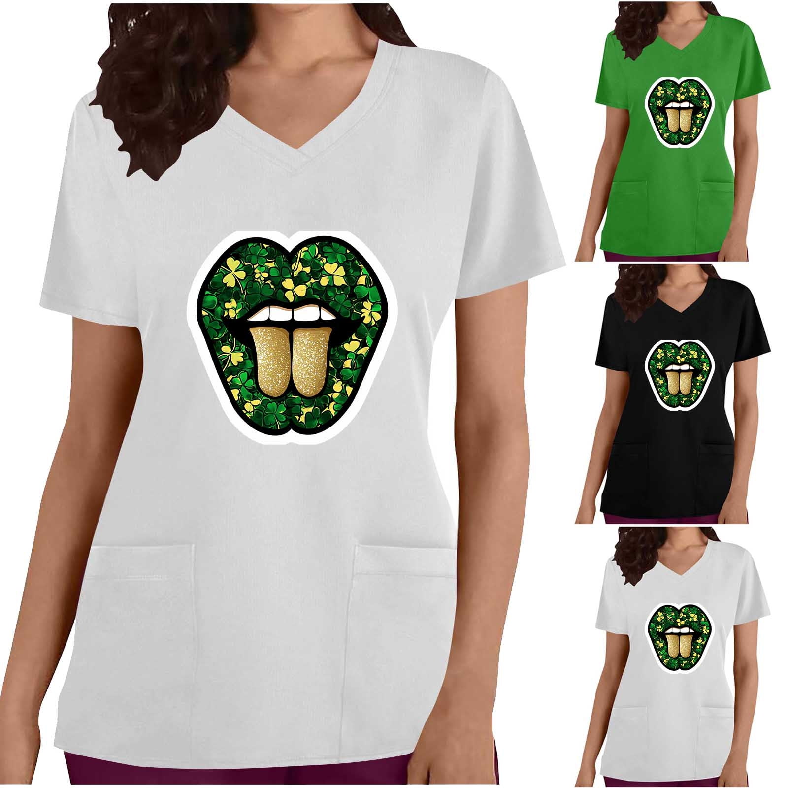 BiZtdJrK St Patricks Day Scrubs for Women Funny Shamrock Print Tees ...