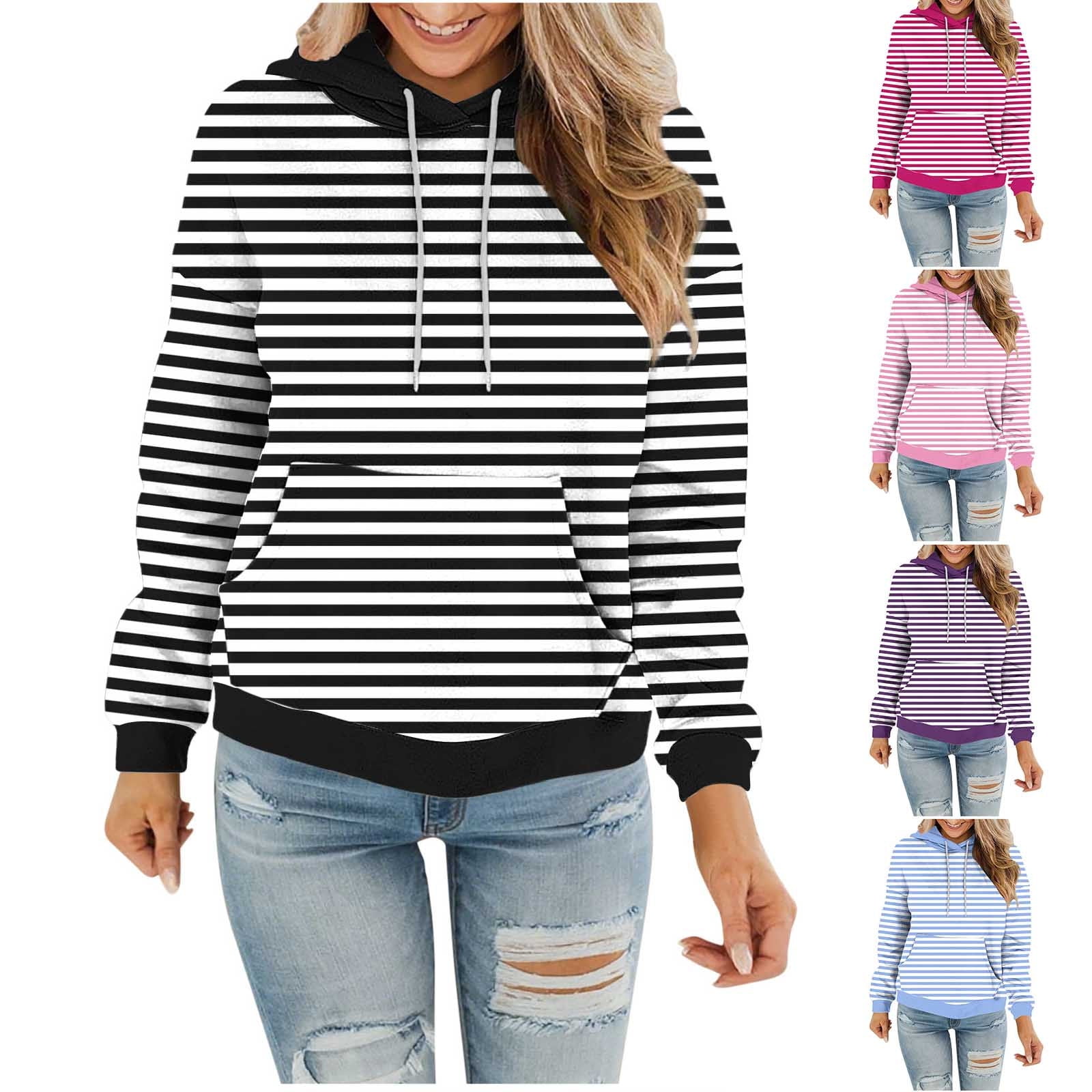 BiZtdJrK Striped Print Hoodies for Women Drawstring Long Sleeve Casual ...