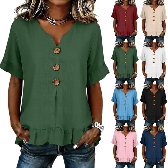 BiZtdJrK Red Summer Blouses for Women Cotton Linen Ruffle Hem Short ...