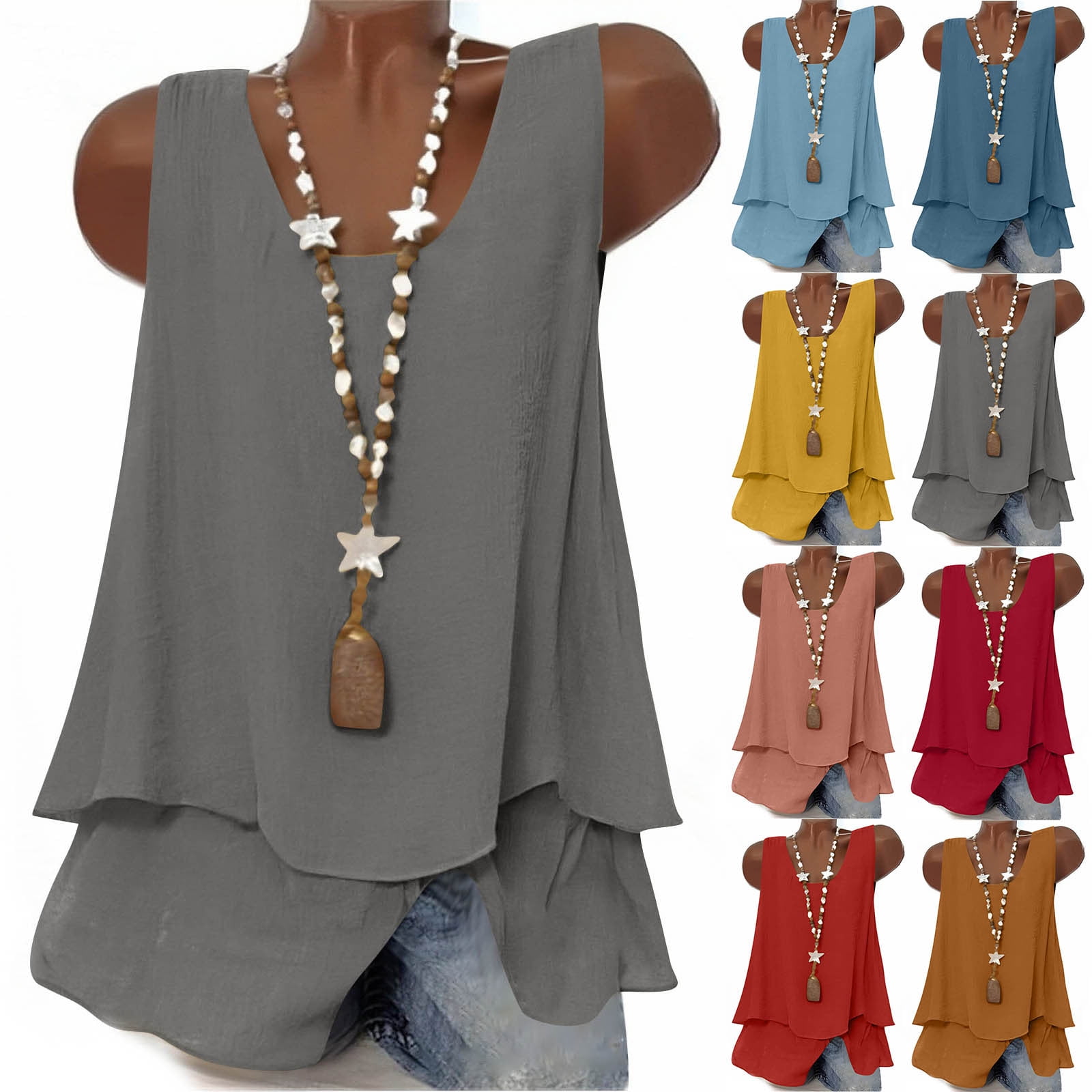 BiZtdJrK Summer Linen Tank Top for Women Double Layer Round Neck ...