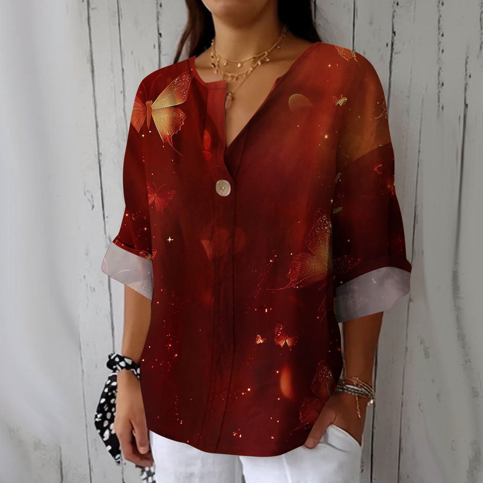 BiZtdJrK Summer Shirts for Women Printed V Neck Long Sleeves Button ...