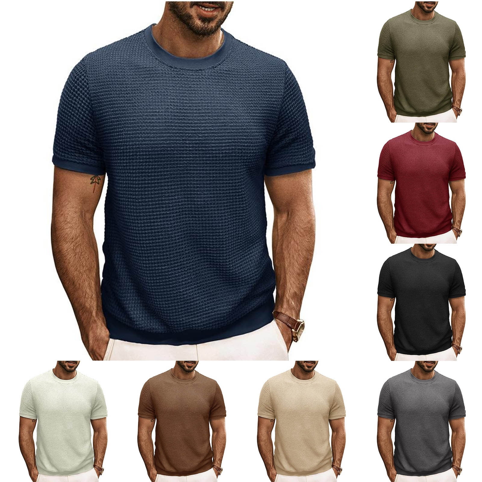 BiZtdJrK T Shirt for Men Waffle Knit Short Sleeve Slim Fit Casual Tees ...
