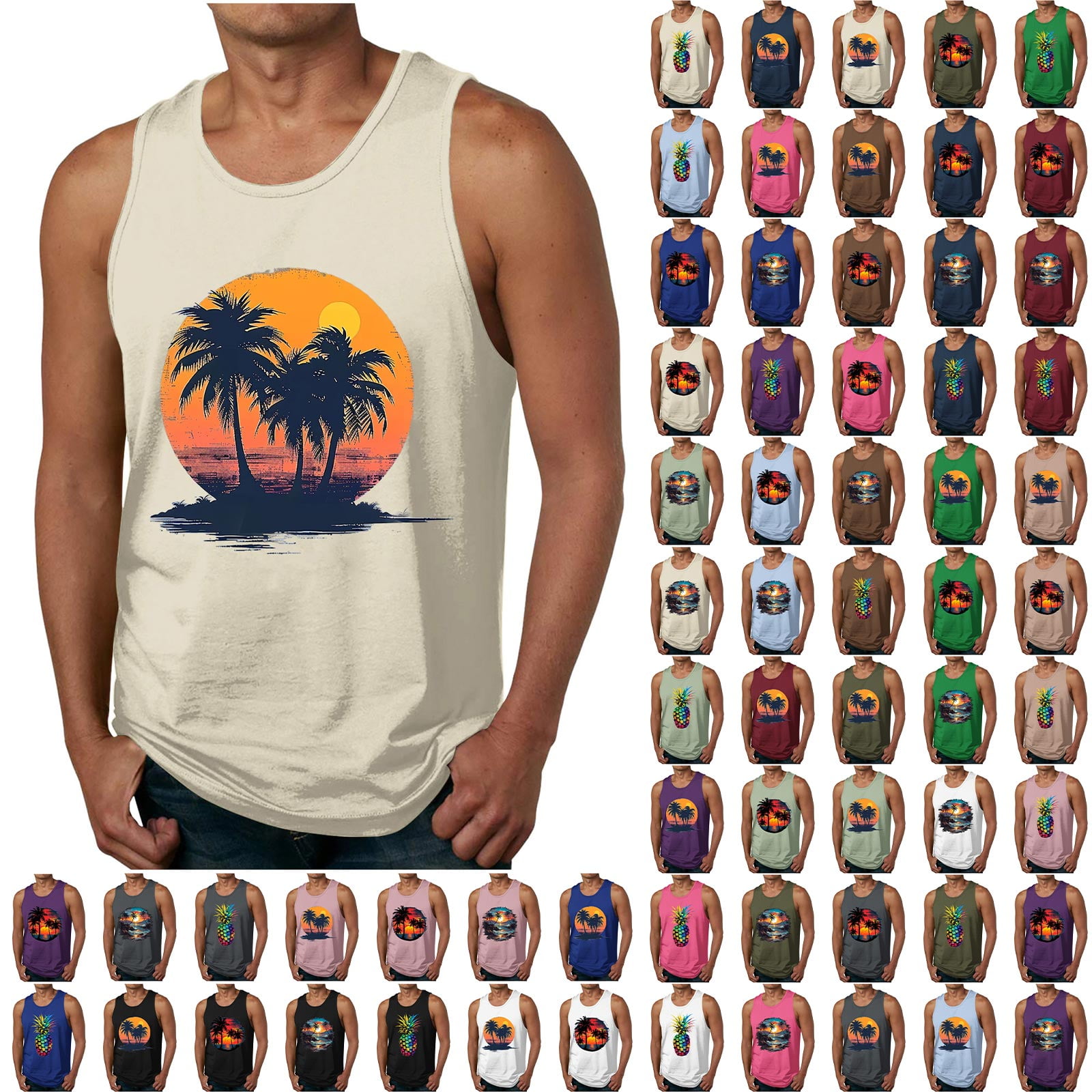 BiZtdJrK Tank Tops for Men Breathable Beach Wear Novelty Tropical Palm Tree Graohic Tees Shirt ...