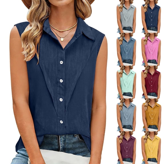 BiZtdJrK Travel Summer Linen Shirts for Women Lapel Sleeveless Button ...