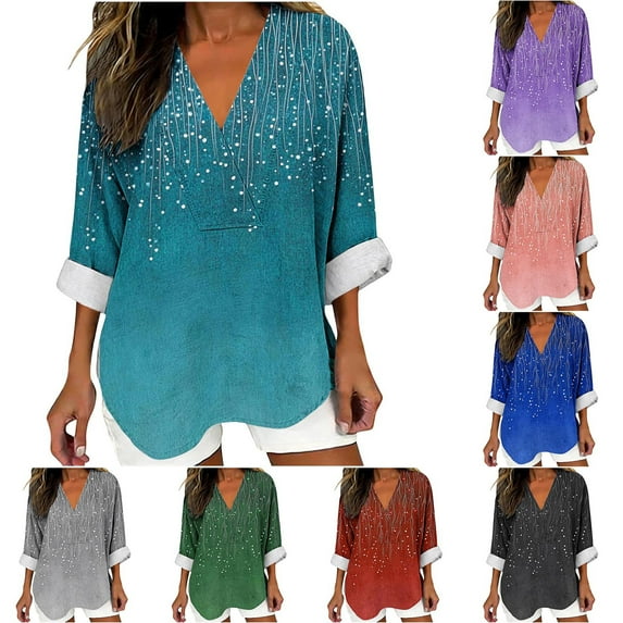 BiZtdJrK Trendy Linen Tops for Women Print Long Sleeve V Neck Blouses ...