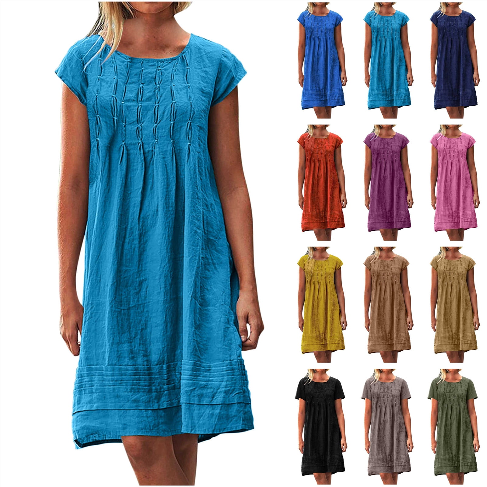 BiZtdJrK Vintage Summer Cotton Linen Dress for Women Casual Cap Sleeve ...