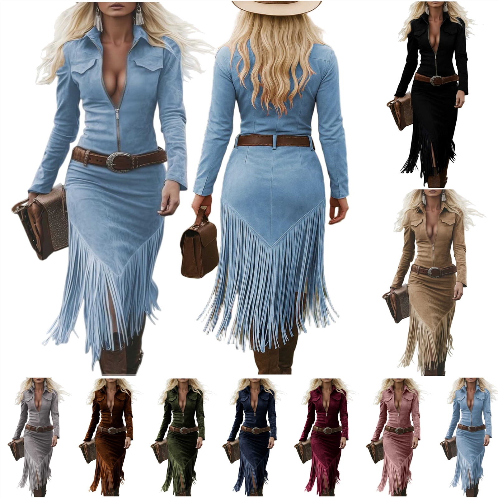 BiZtdJrK Western Cowboy Faux Suede Dress for Women Fringed Slim Fit ...