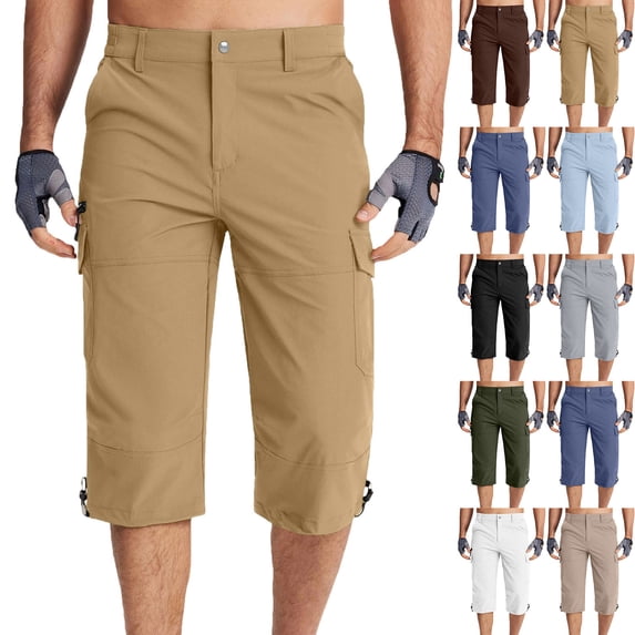 BiZtdJrK White Mens Capri Pants Button Zipper Drawstring Cuff Hiking ...