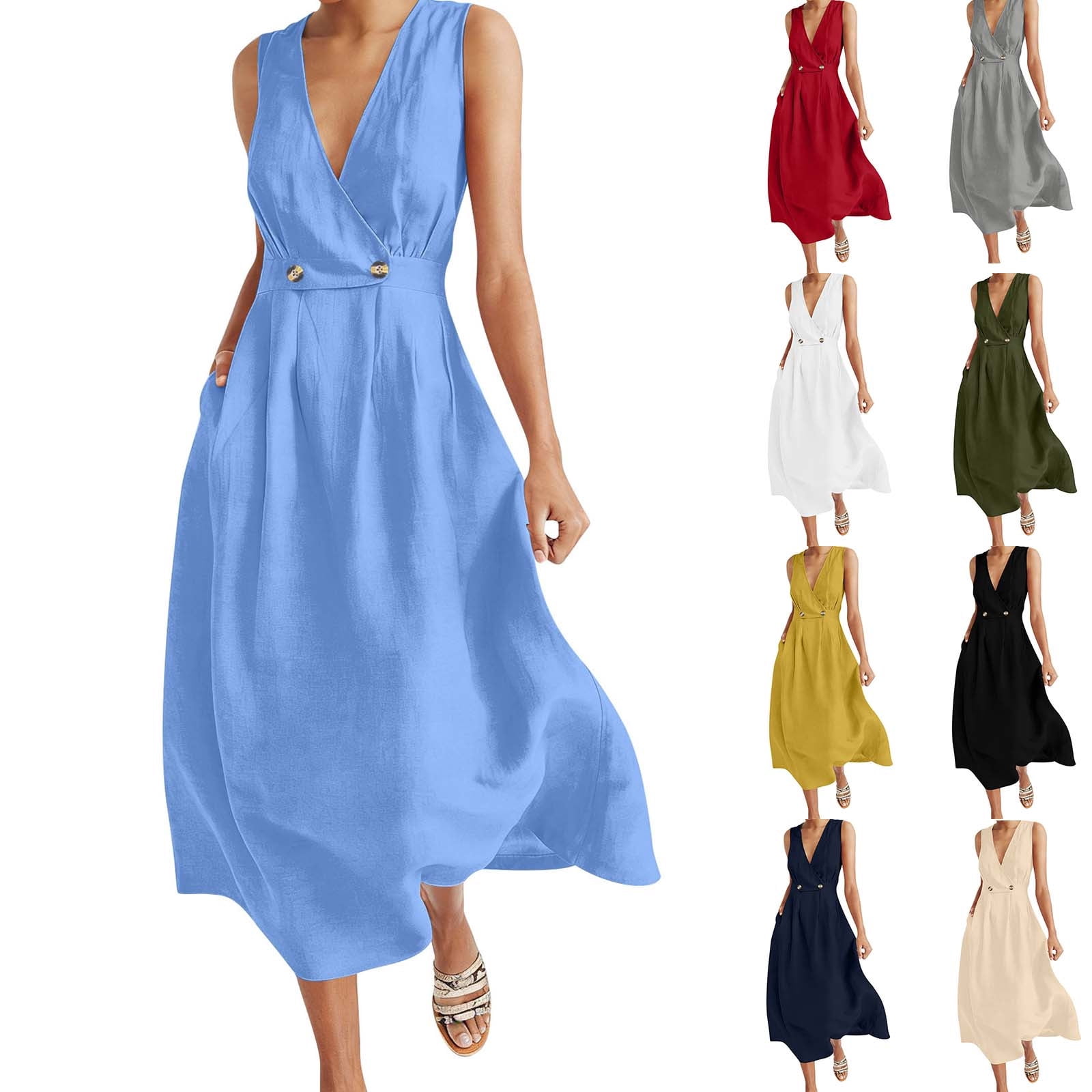 BiZtdJrK White Womens Elegant Maxi Dress Wrap V Neck Sleeveless Flowy A ...