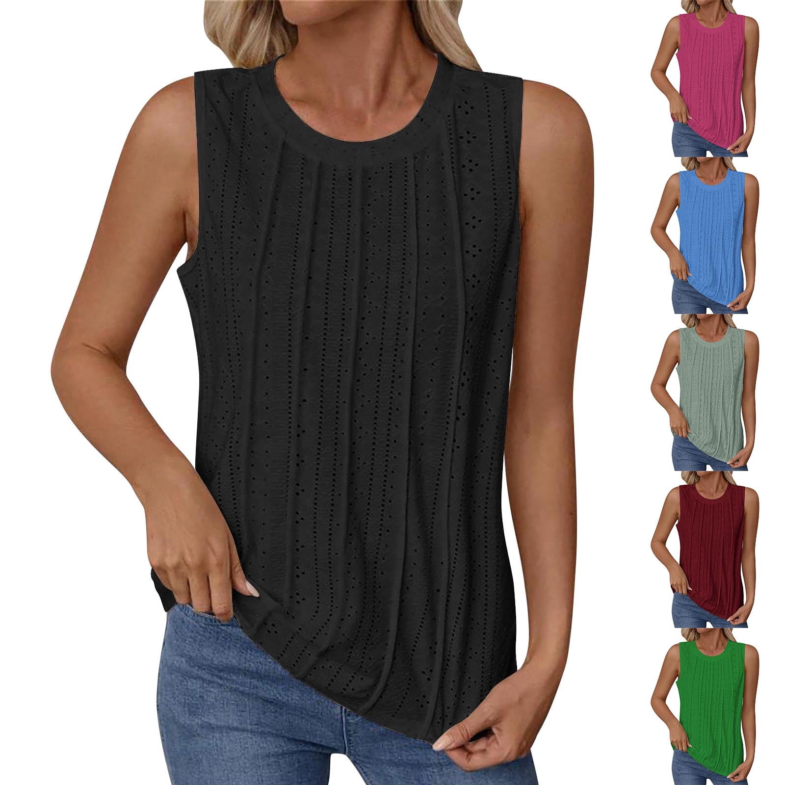 BiZtdJrK Wine Round Neck Tank Top Women Eyelet Pleated Front Dressy ...