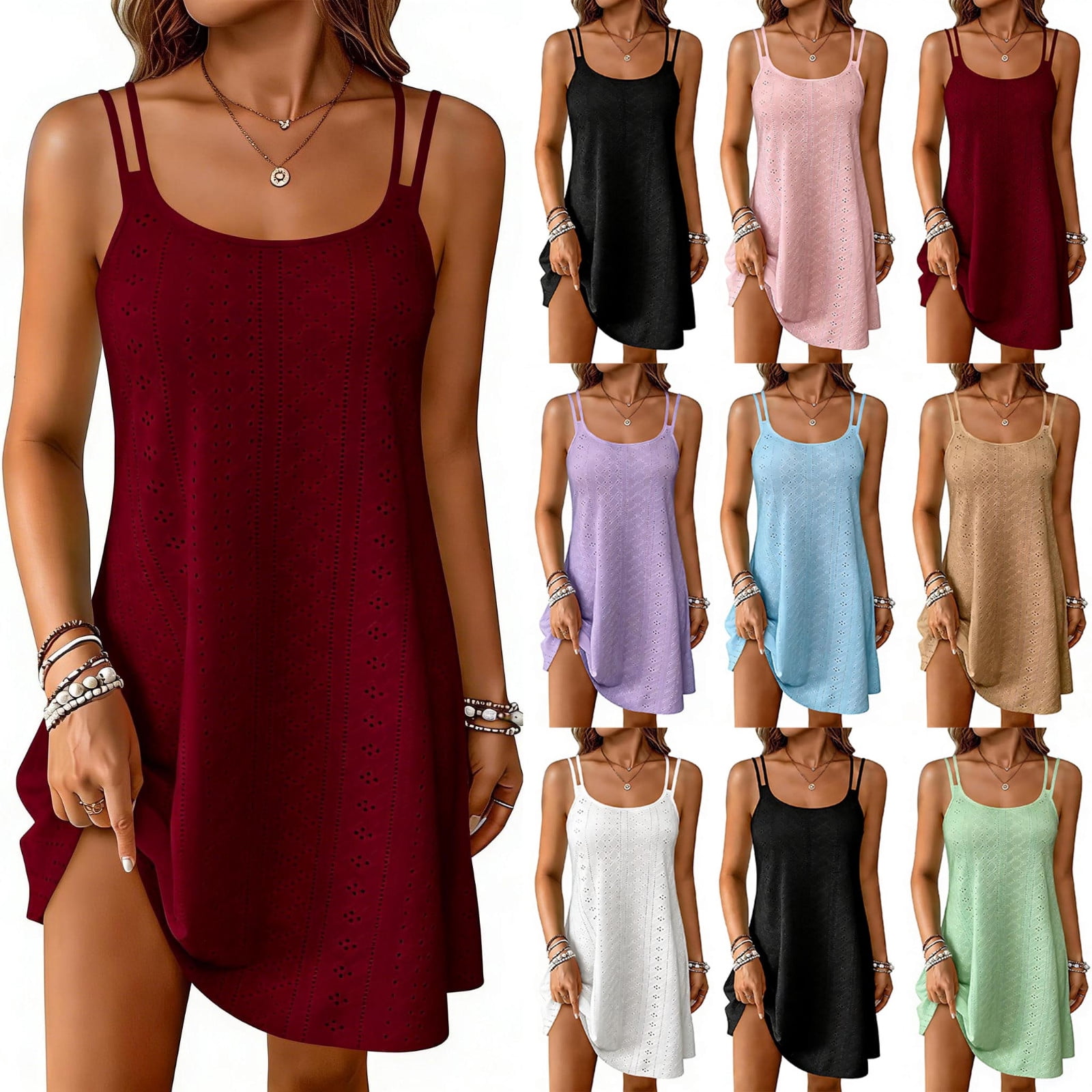 BiZtdJrK Wine Summer Mini Dress for Women Eyelet Double Spaghetti ...