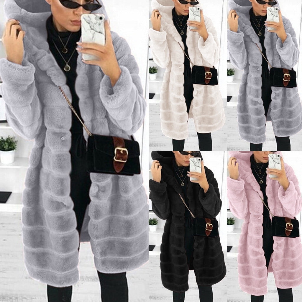 BiZtdJrK Winter Clothes for Women Warm Faux Fur Jacket with Hood Solid ...