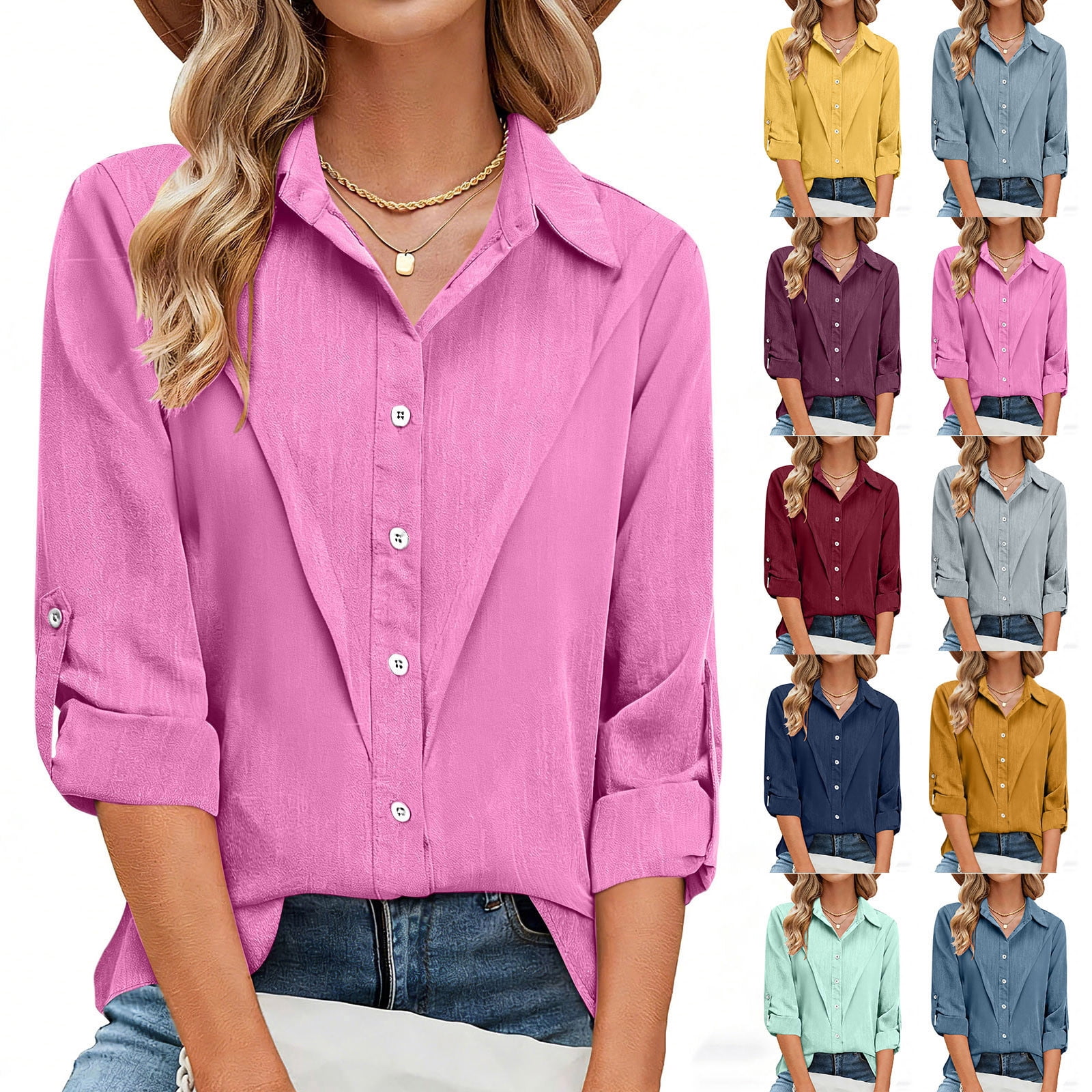 BiZtdJrK Women Casual Work Linen Shirts Lapel Rolled Sleeve Button Down ...