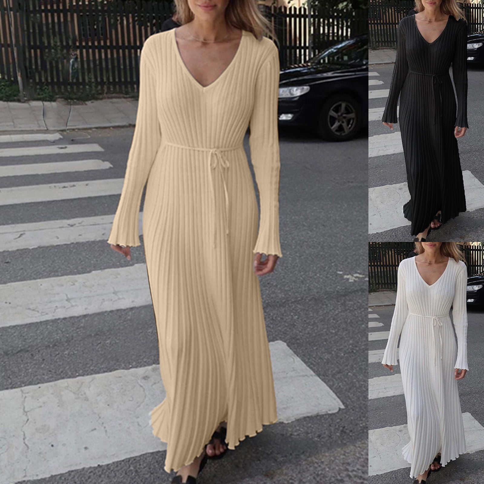 BiZtdJrK Women Elegant Sweater Maxi Dress Tie Waist Long Sleeve Slim ...