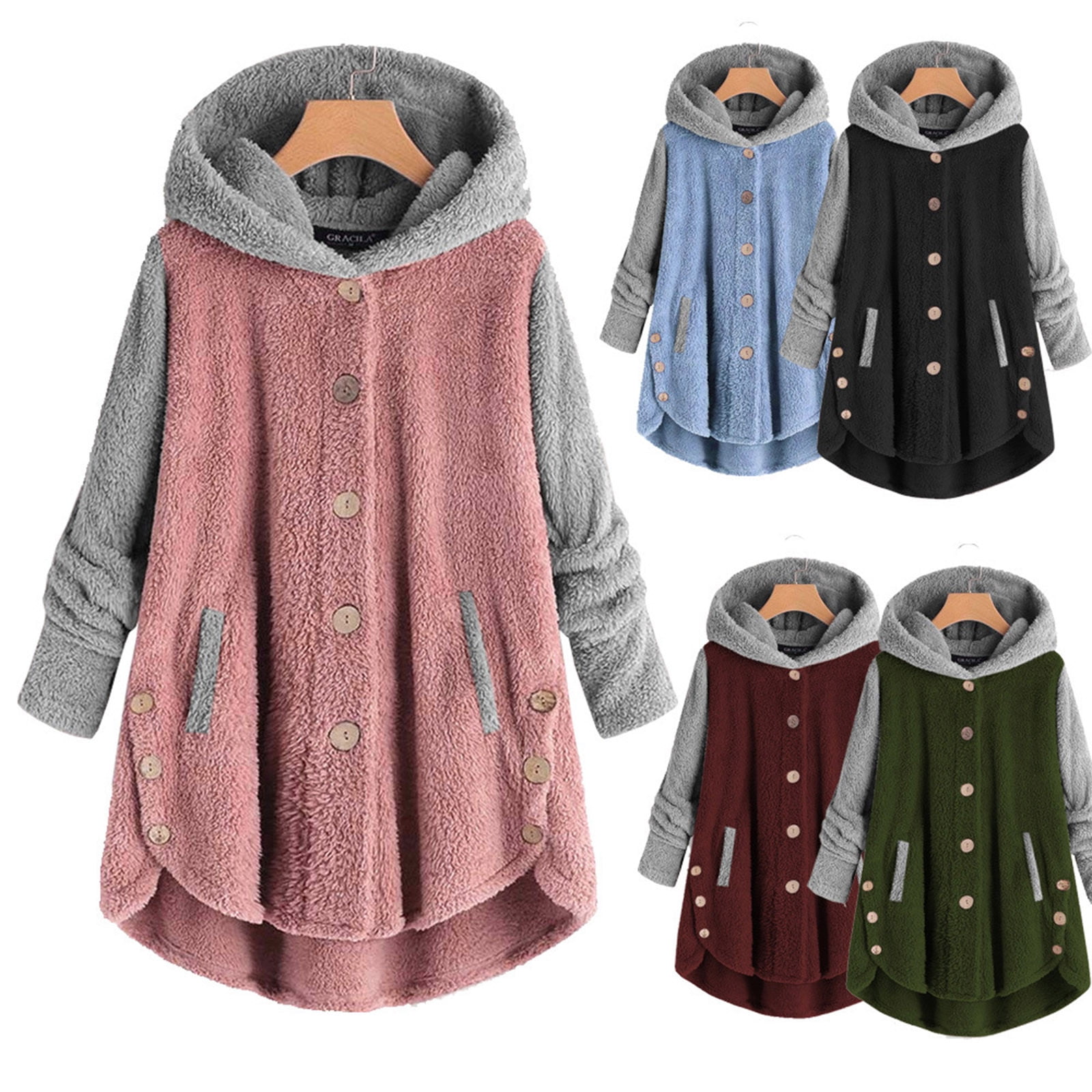 BiZtdJrK Women Fuzzy Fleece Hooded Jacket Side Split Button Down Long ...