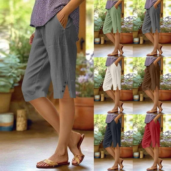 BiZtdJrK Women Knee Length Cotton Linen Shorts Button Side Split ...